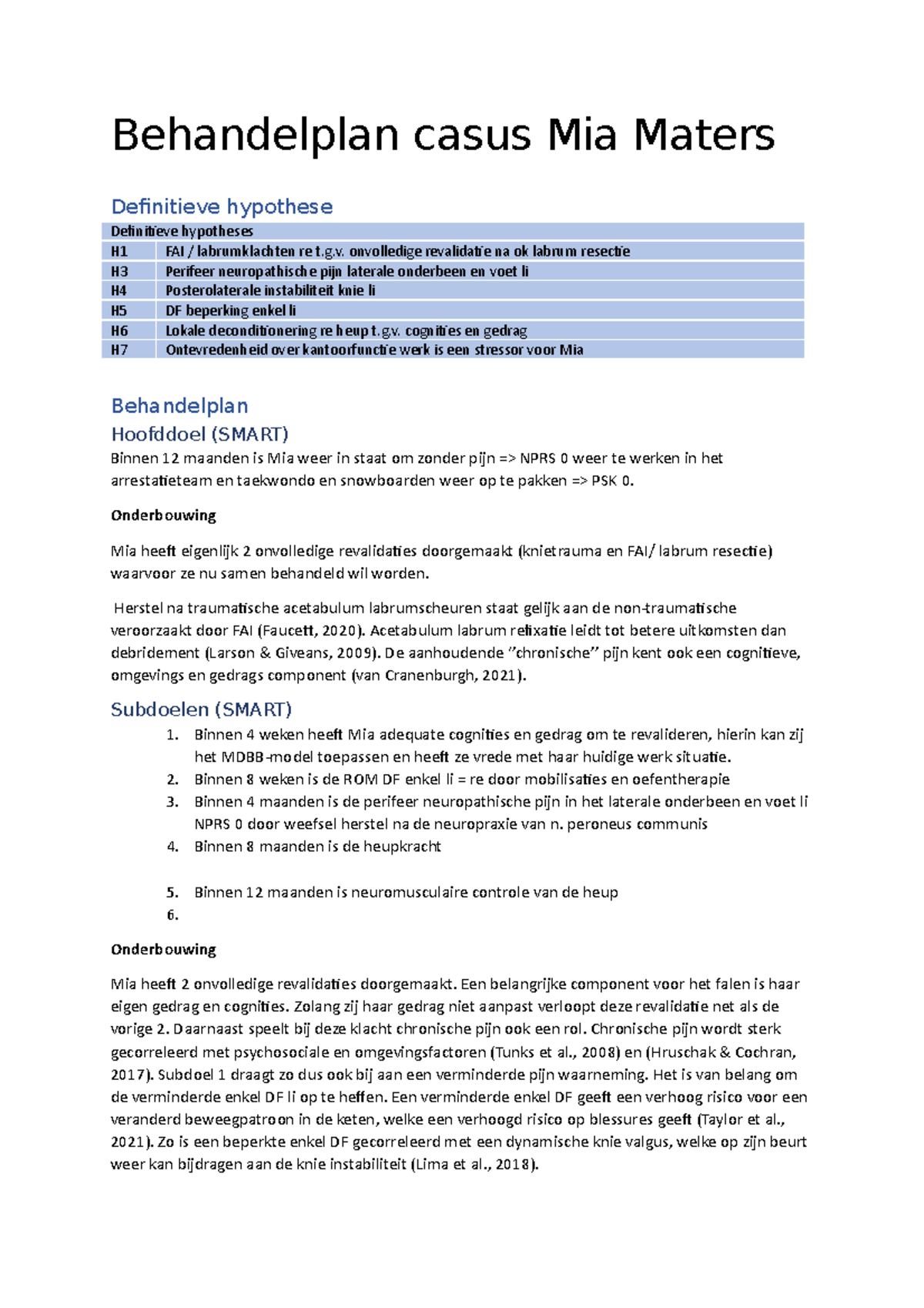 Mia Maters behandelplan (automatisch hersteld) - Behandelplan casus Mia Maters Definitieve ...