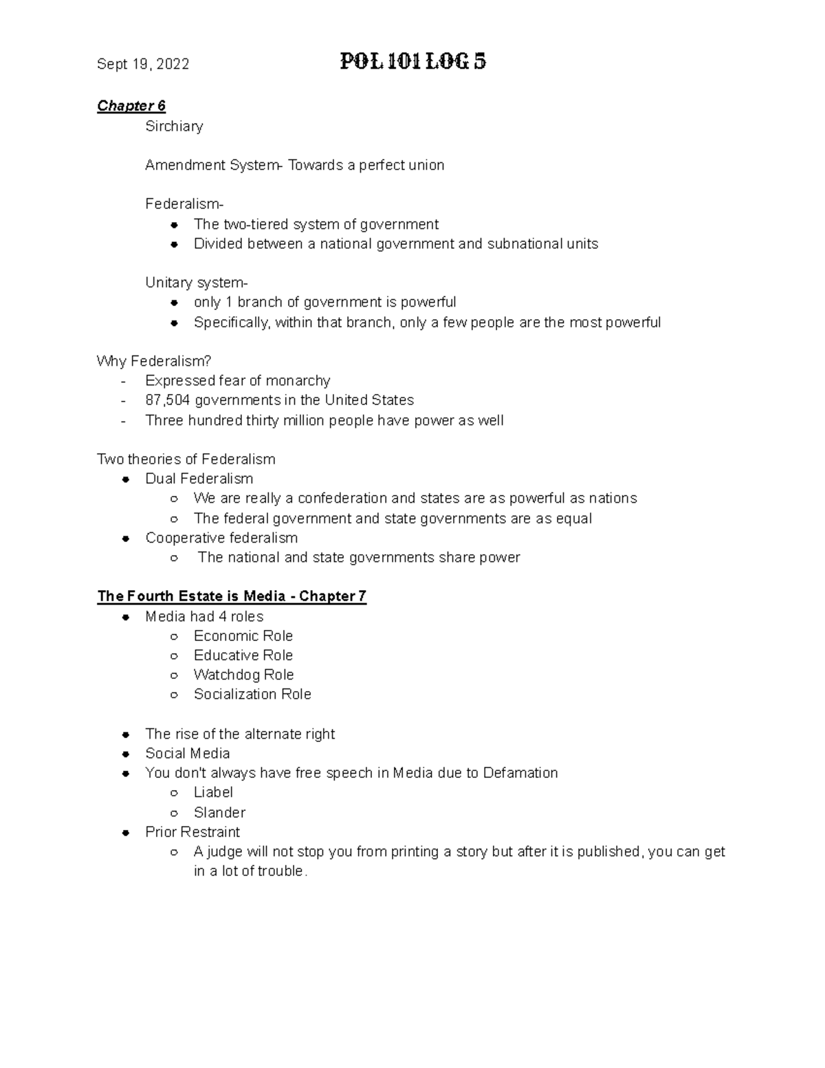 POL 101 Journal 5 - Start on a new Textbook. Chapter 6- Ch 10 - Sept 19 ...