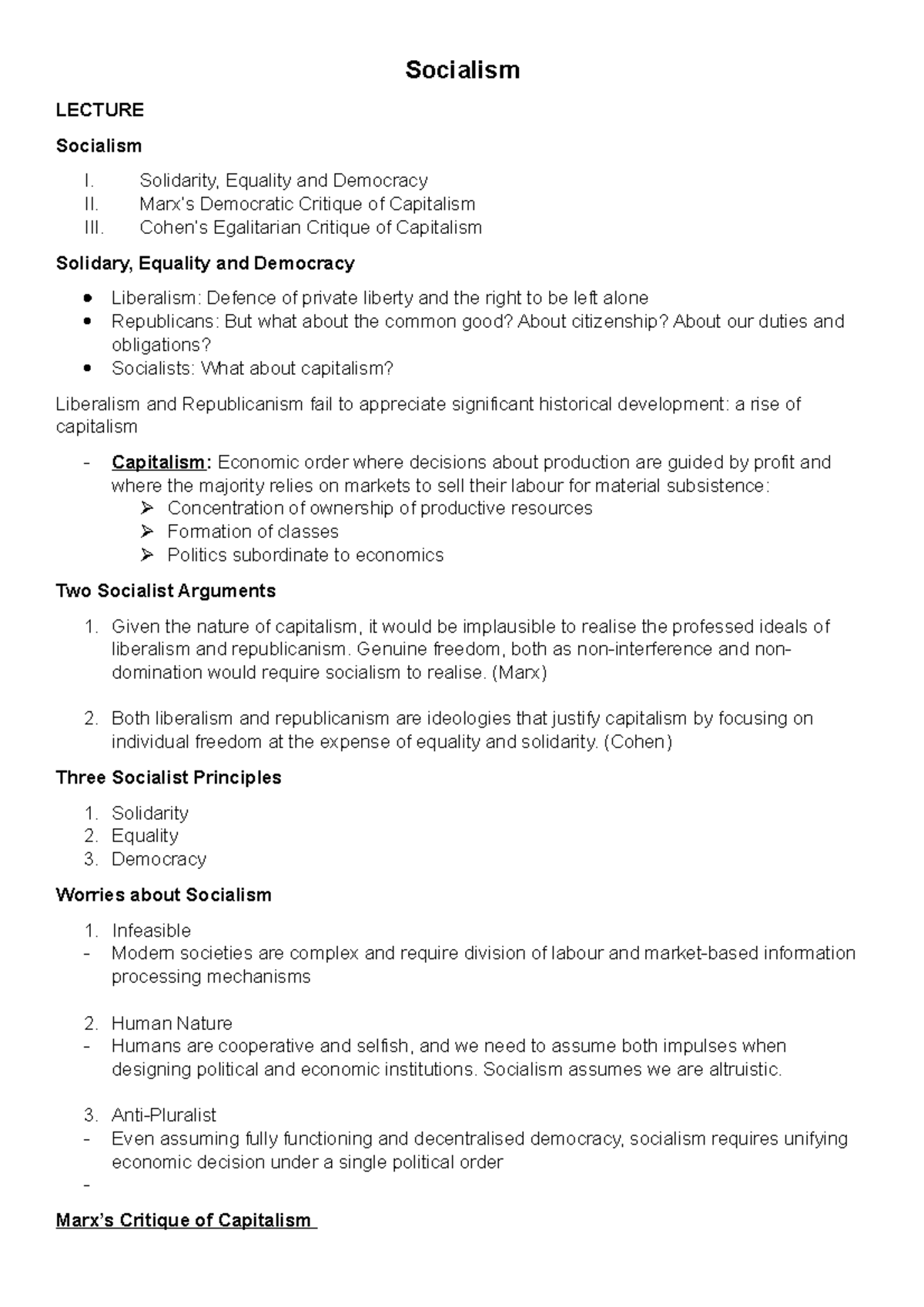 Shorthand lecture notes on socialism in political theory - Socialism ...