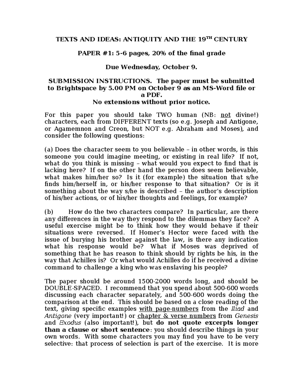 Paper 1 - TEXTS AND IDEAS: ANTIQUITY AND THE 19TH CENTURY PAPER #1: 5-6 ...