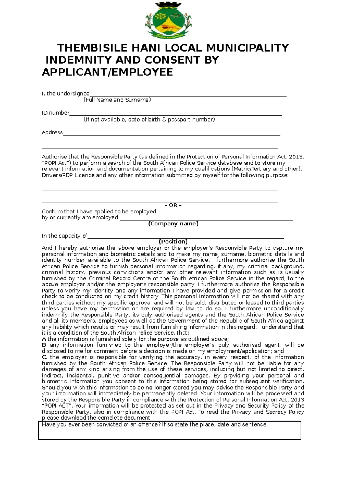 Indemnity AND Consent FORM 0 - THEMBISILE HANI LOCAL MUNICIPALITY ...