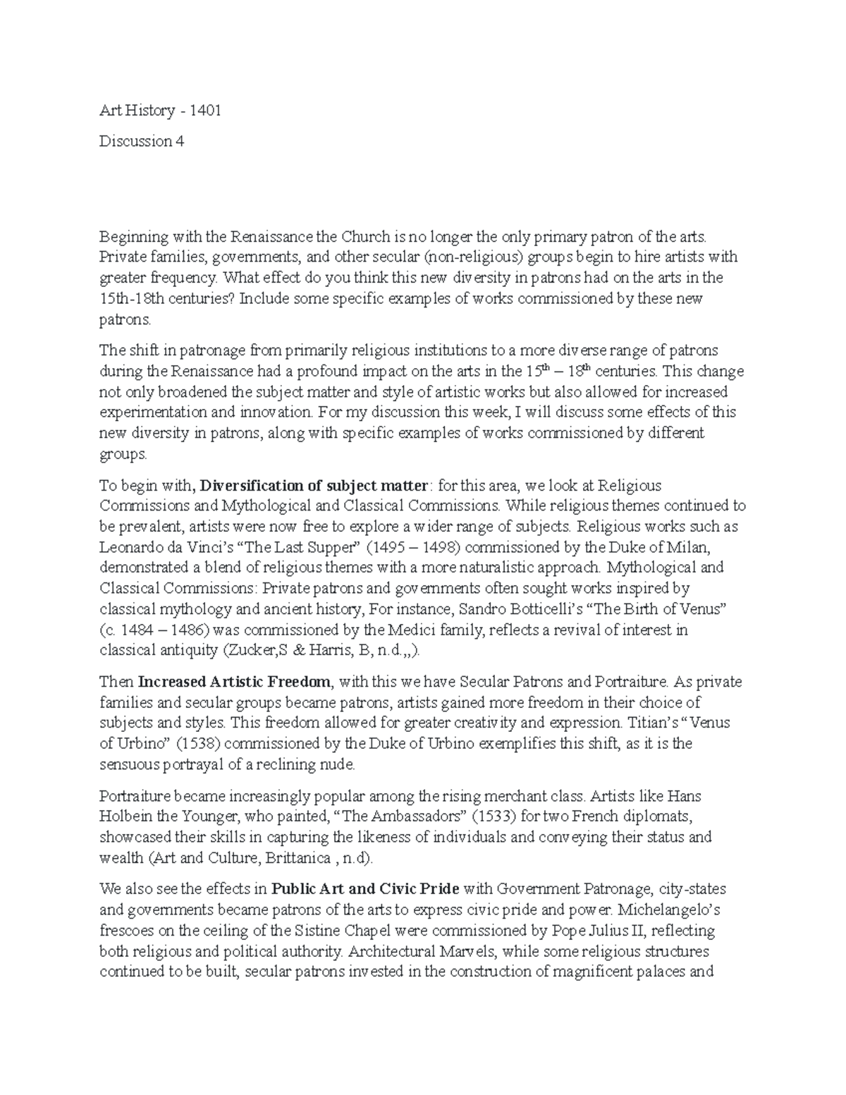 Art History - Discussion 4 - 1401 - Art History - 1401 Discussion 4 ...