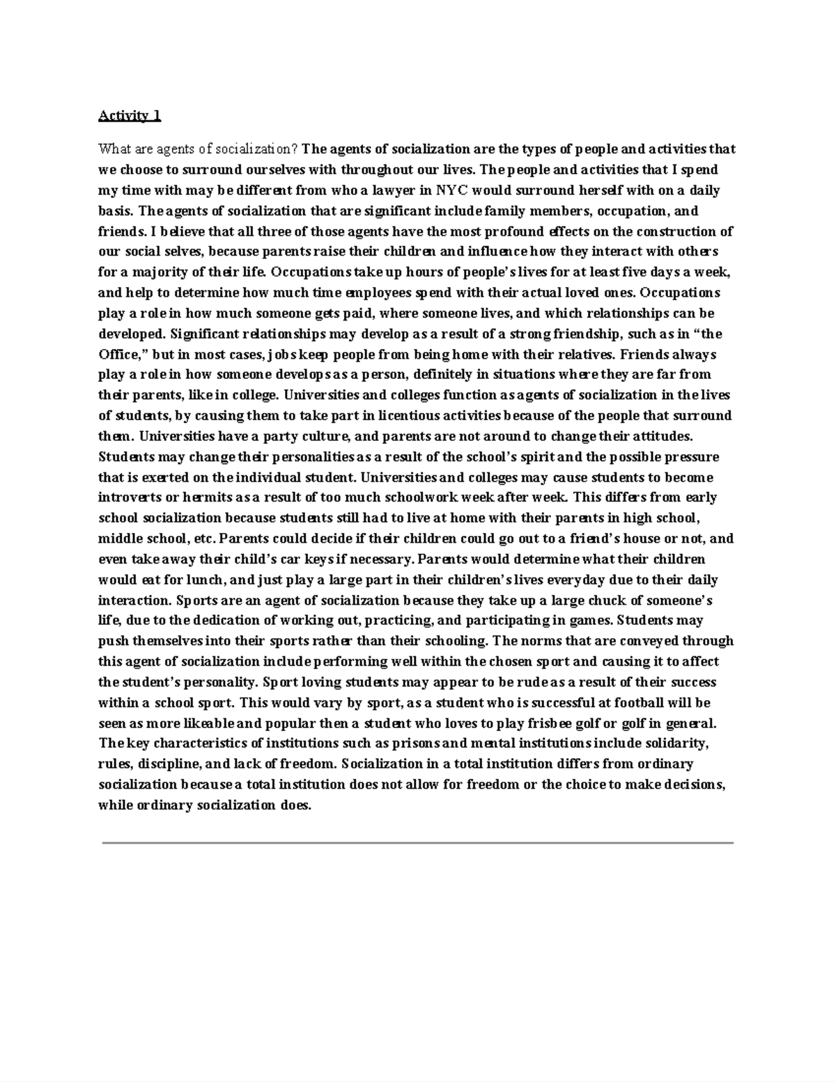 Sociology Assignment Chapter 4 - Activity 1 What are agents of ...
