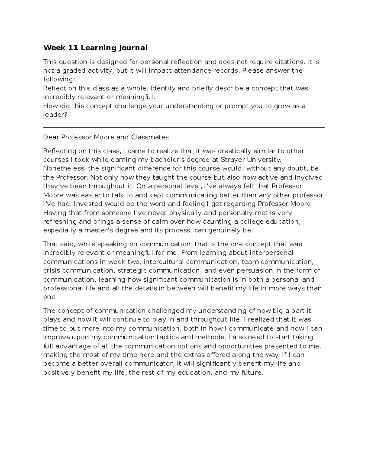 JWI WEEK 11 Final Discussion Course Evaluation Takeaways - Week 11 ...