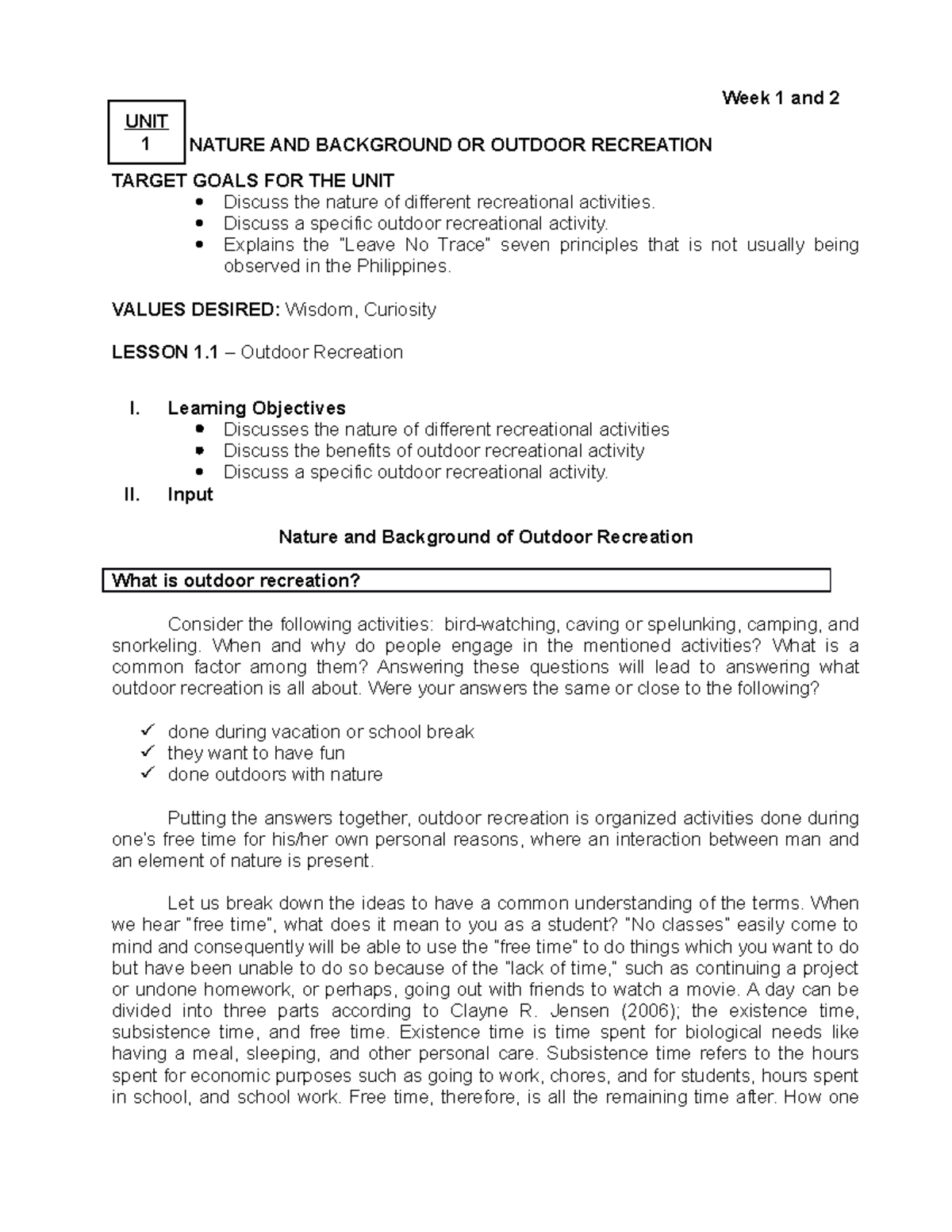 PE 3 Module Midterm - course pack - OSS NATURE AND BACKGROUND OR OUTDOOR RECREATION TARGET GOALS ...