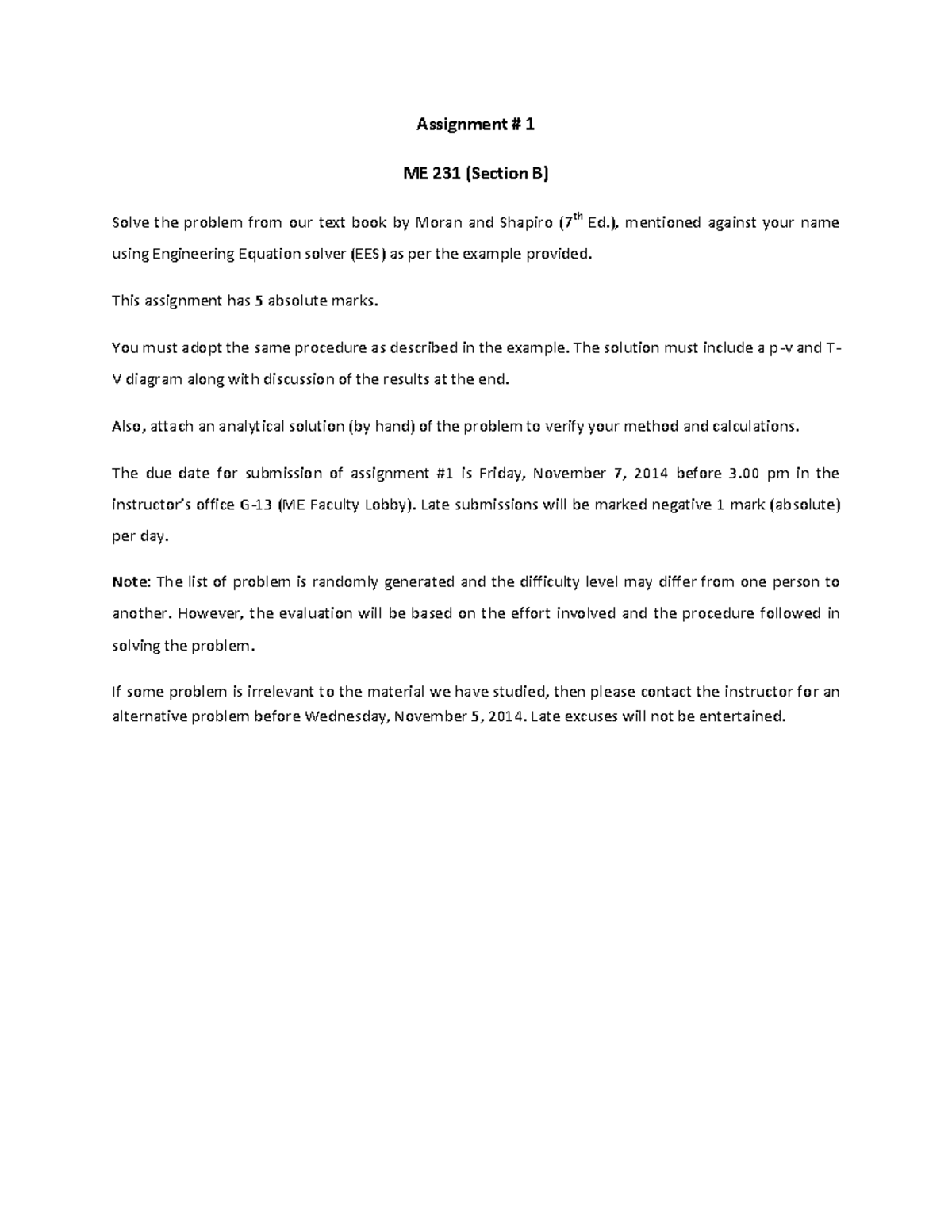 Exam 28 October 2017, questions - Assignment # 1 ME 231 (Section B ...