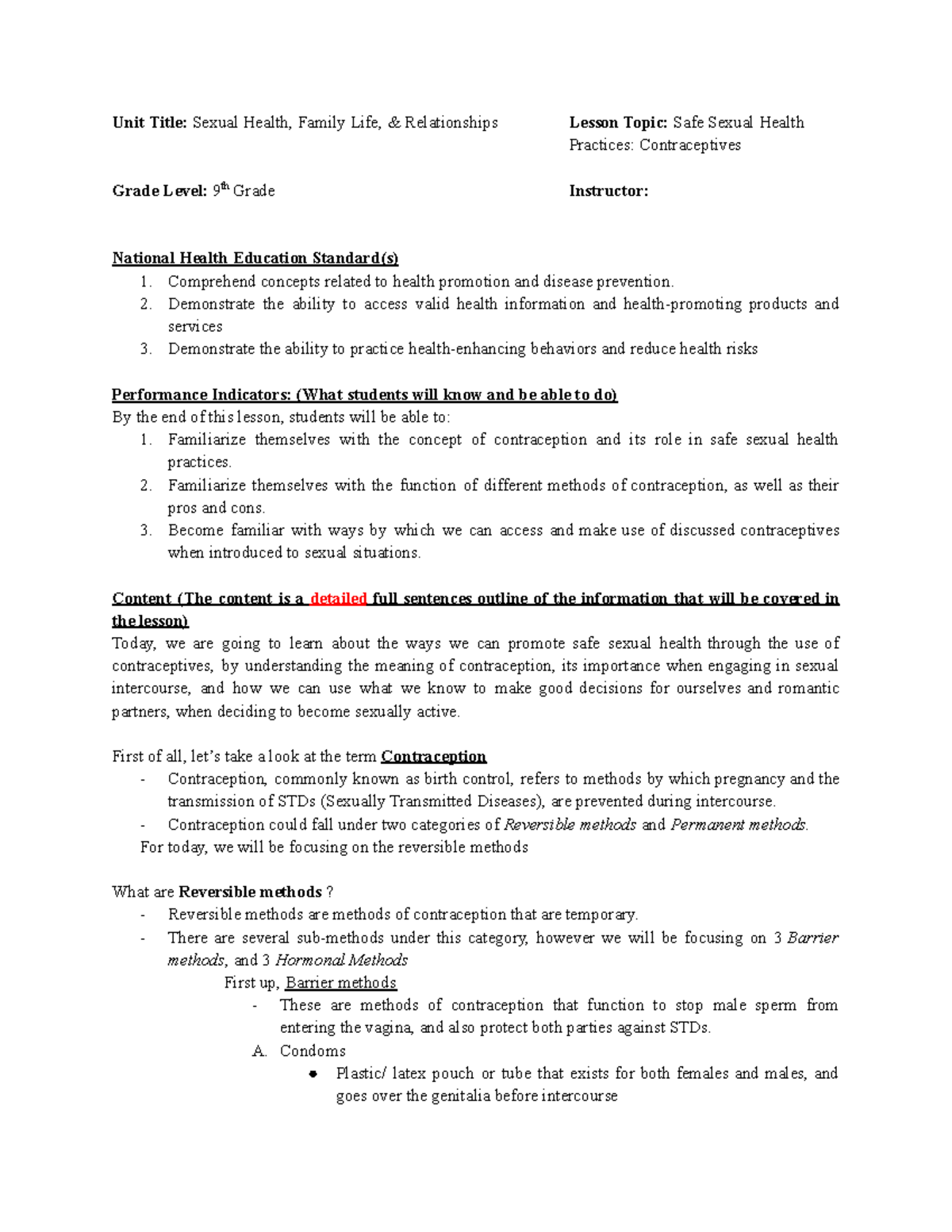 Unit Title Contraception - Unit Title: Sexual Health, Family Life ...