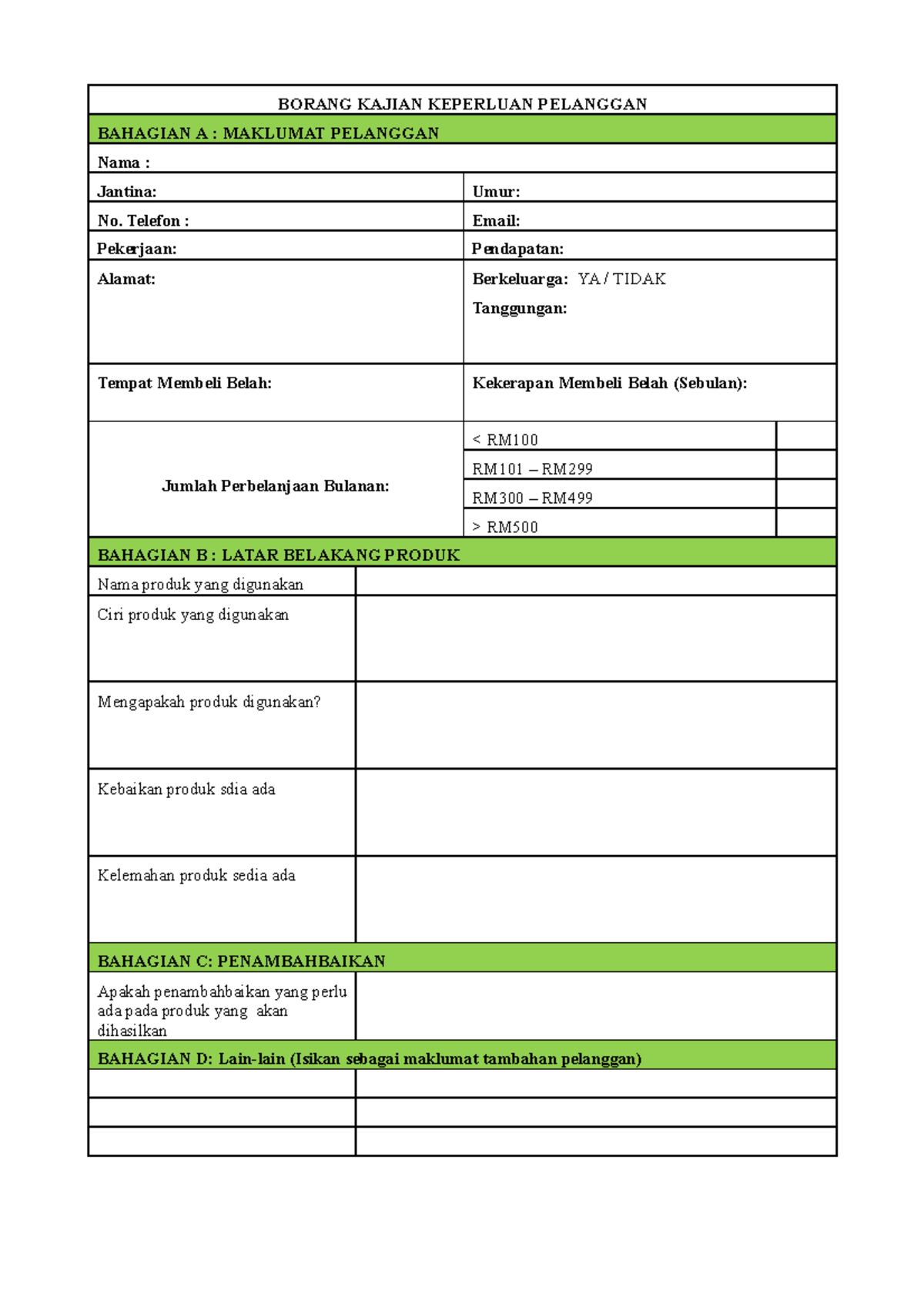 RBT Folio for tingkatan 3 - BORANG KAJIAN KEPERLUAN PELANGGAN BAHAGIAN ...