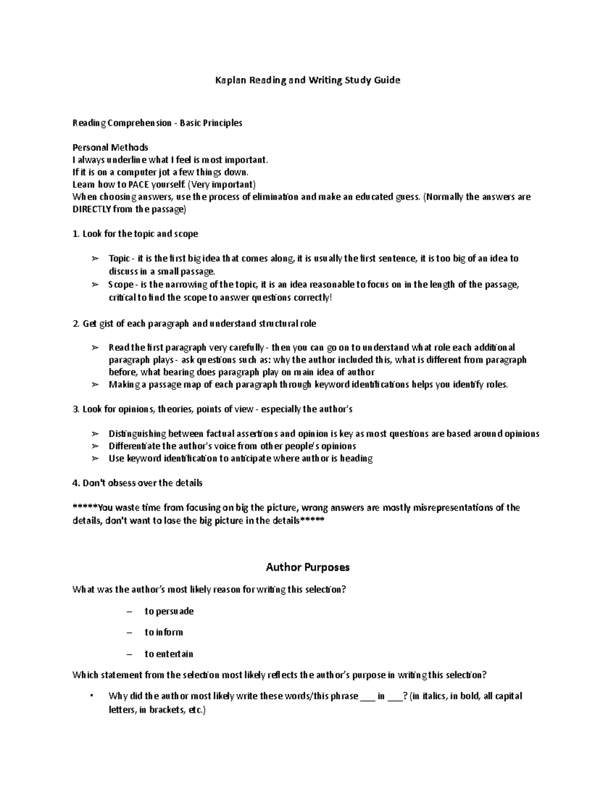 Kaplan Study guide - Kaplan Reading and Writing Study Guide Reading ...