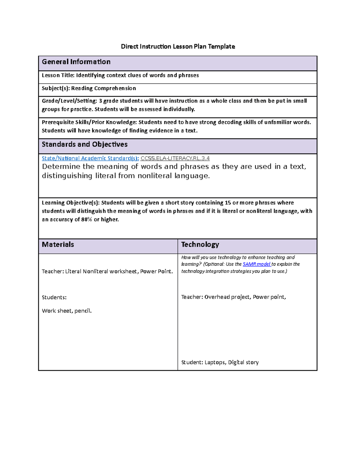 Reading Lesson Plan - Performance task - Direct Instruction Lesson Plan ...