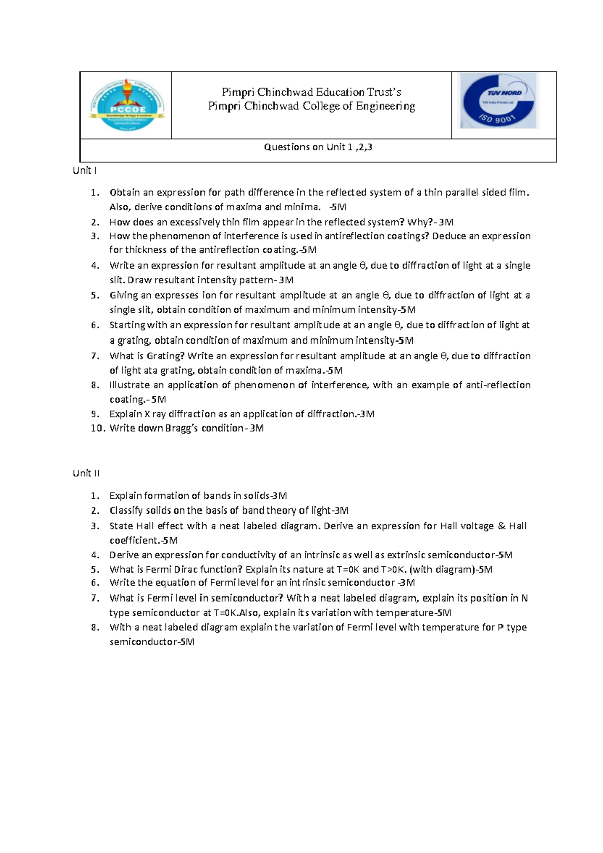 Questions of Interference and diffraction, semiconductors, Laser and optical fibre - Pimpri ...