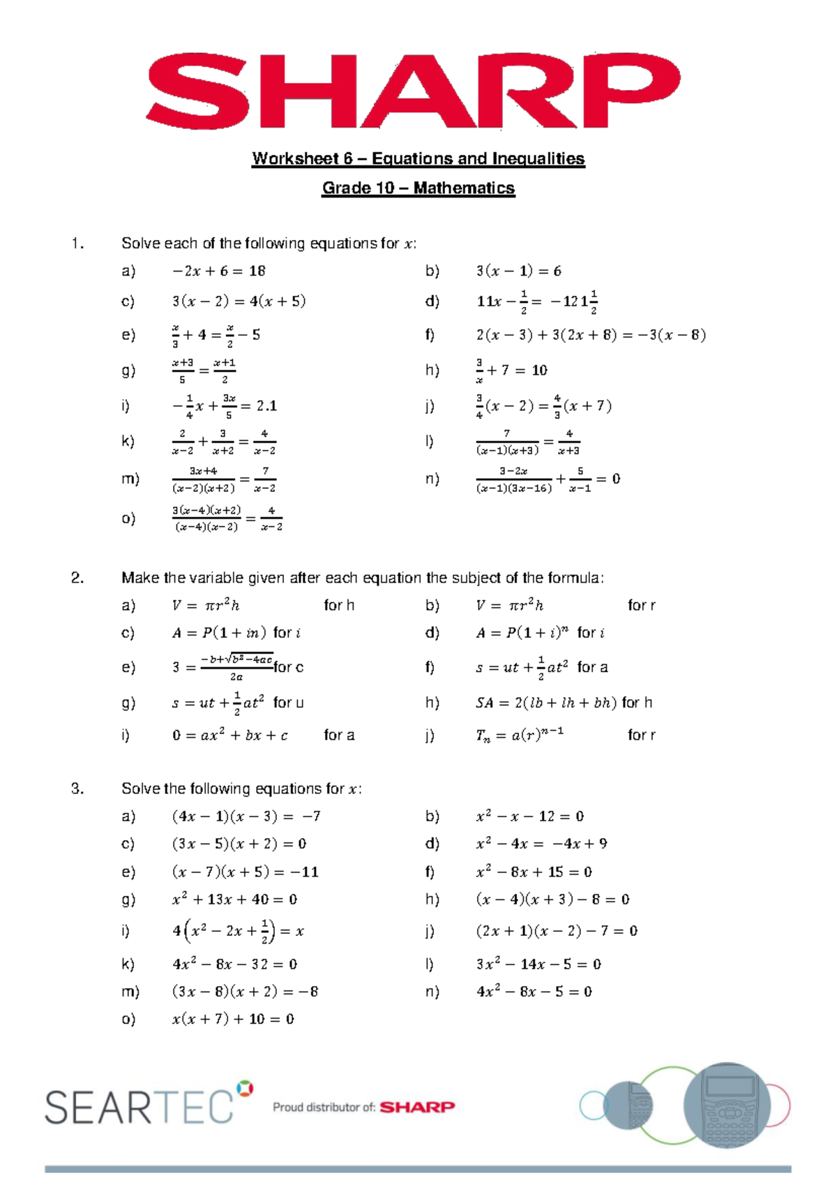 Worksheet 6 Equations and Inequalities Grade 10 Mathematics - Worksheet ...