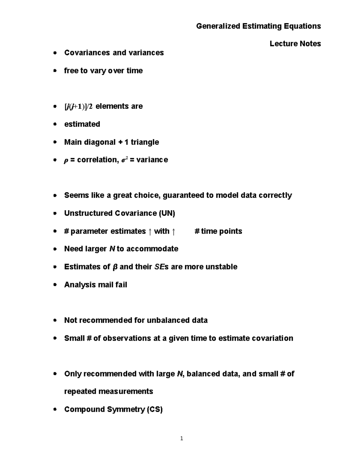 Generalized Estimating Equations I - Lecture Notes Covariances and ...