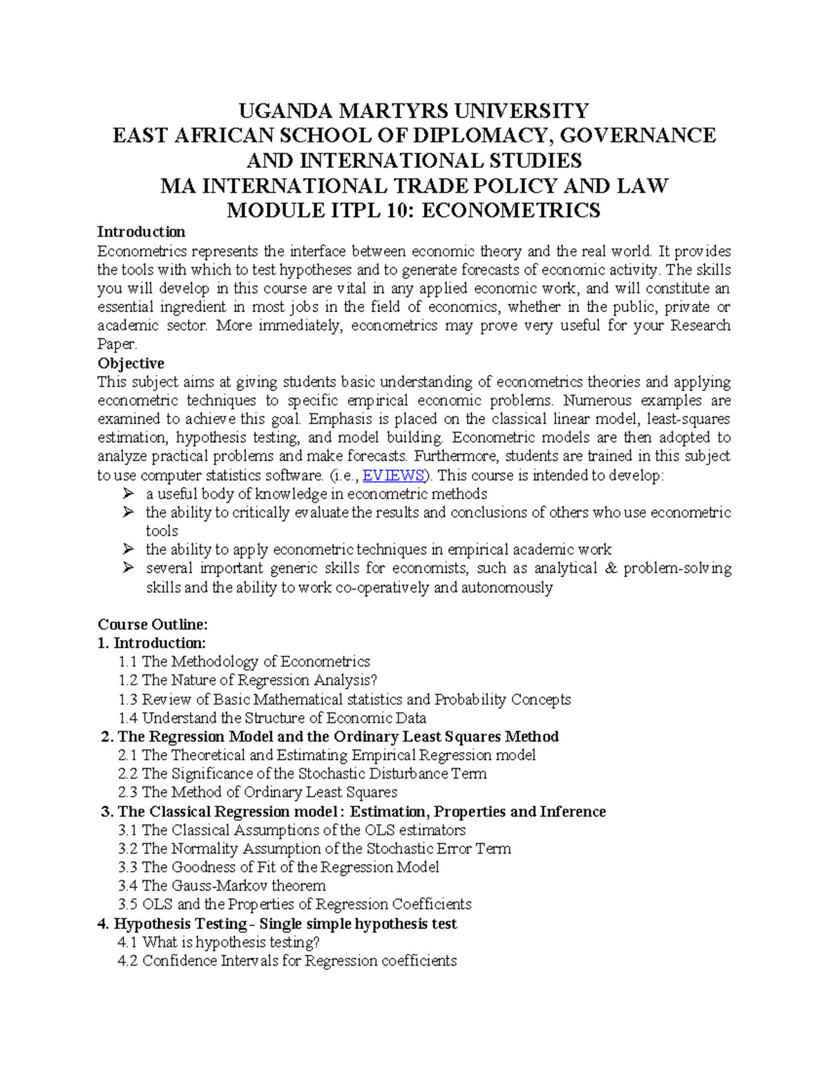 Course Outline Econometrics Uganda Martyrs University East African