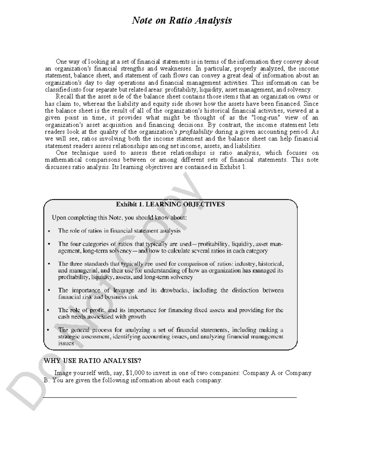 Ratio Analysis A note - Note on Ratio Analysis One way of looking at a ...