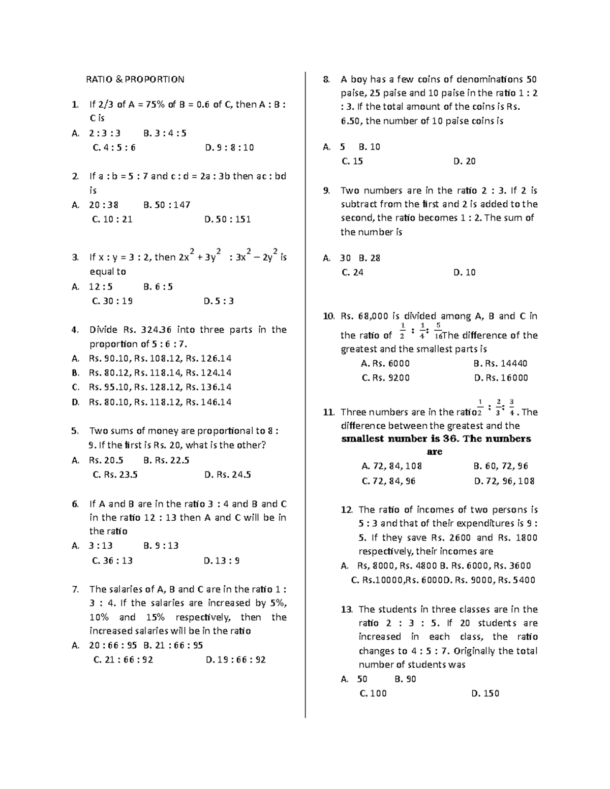 Ratio & Proportion - Questions to practice - RATIO & PROPORTION If 2/3 ...