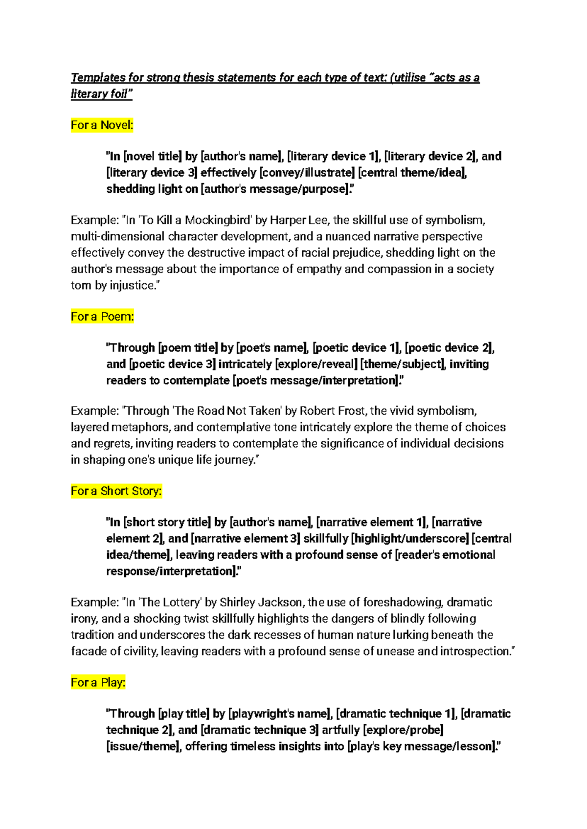 Strong Thesis - Templates for strong thesis statements for each type of ...