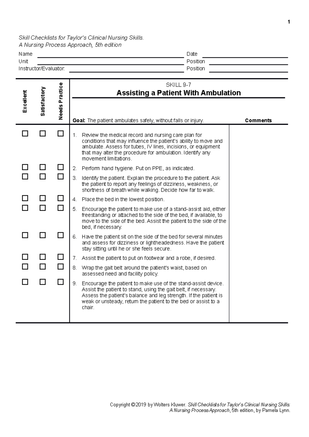Skill 9-7 Assisting a Patient with Ambulation - 1 Skill Checklists for ...