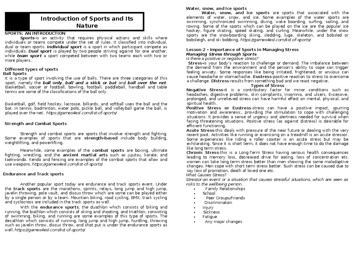 Handout - Introduction of Sports and Its Nature SPORTS: AN INTRODUCTION ...