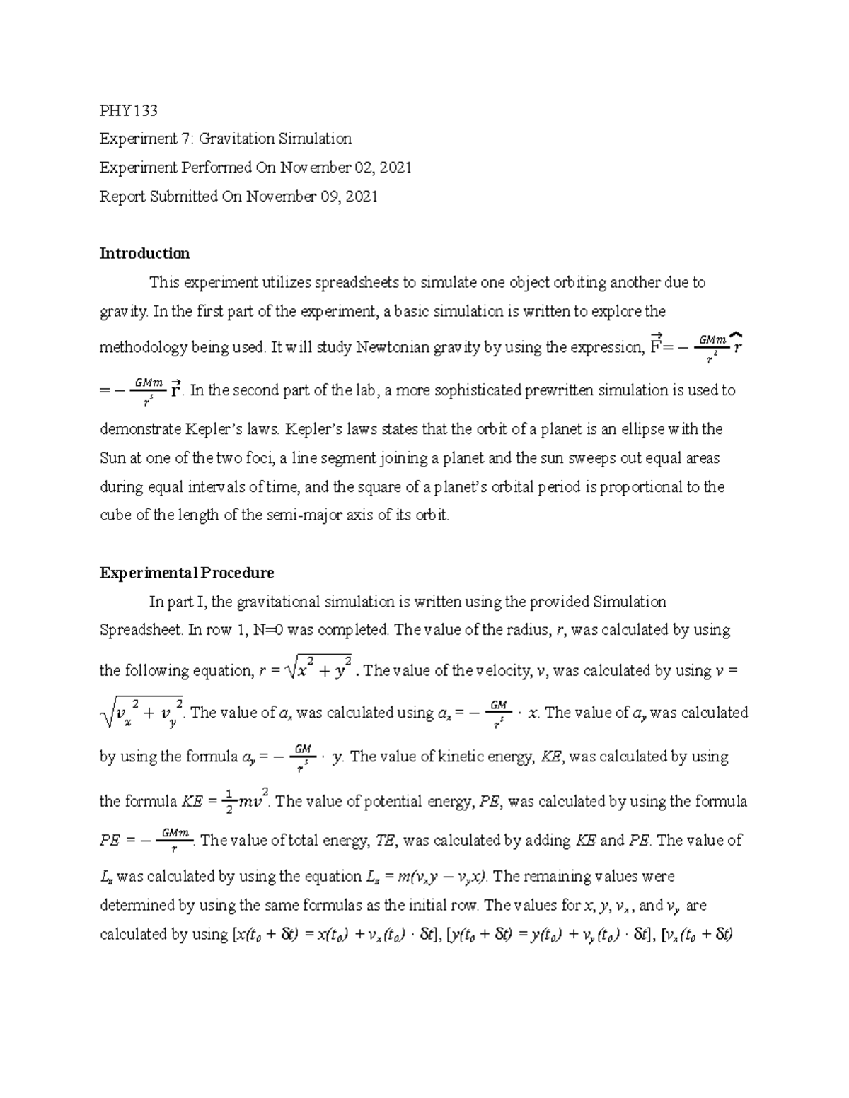 PHY133 L7 Gravitation Simulation - PHY Experiment 7: Gravitation Simulation Experiment Performed ...