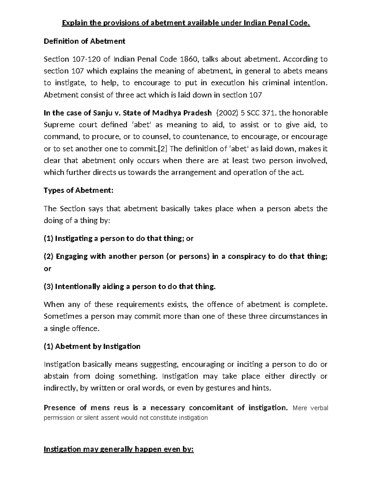 Provisions for Abetment - Explain the provisions of abetment available ...