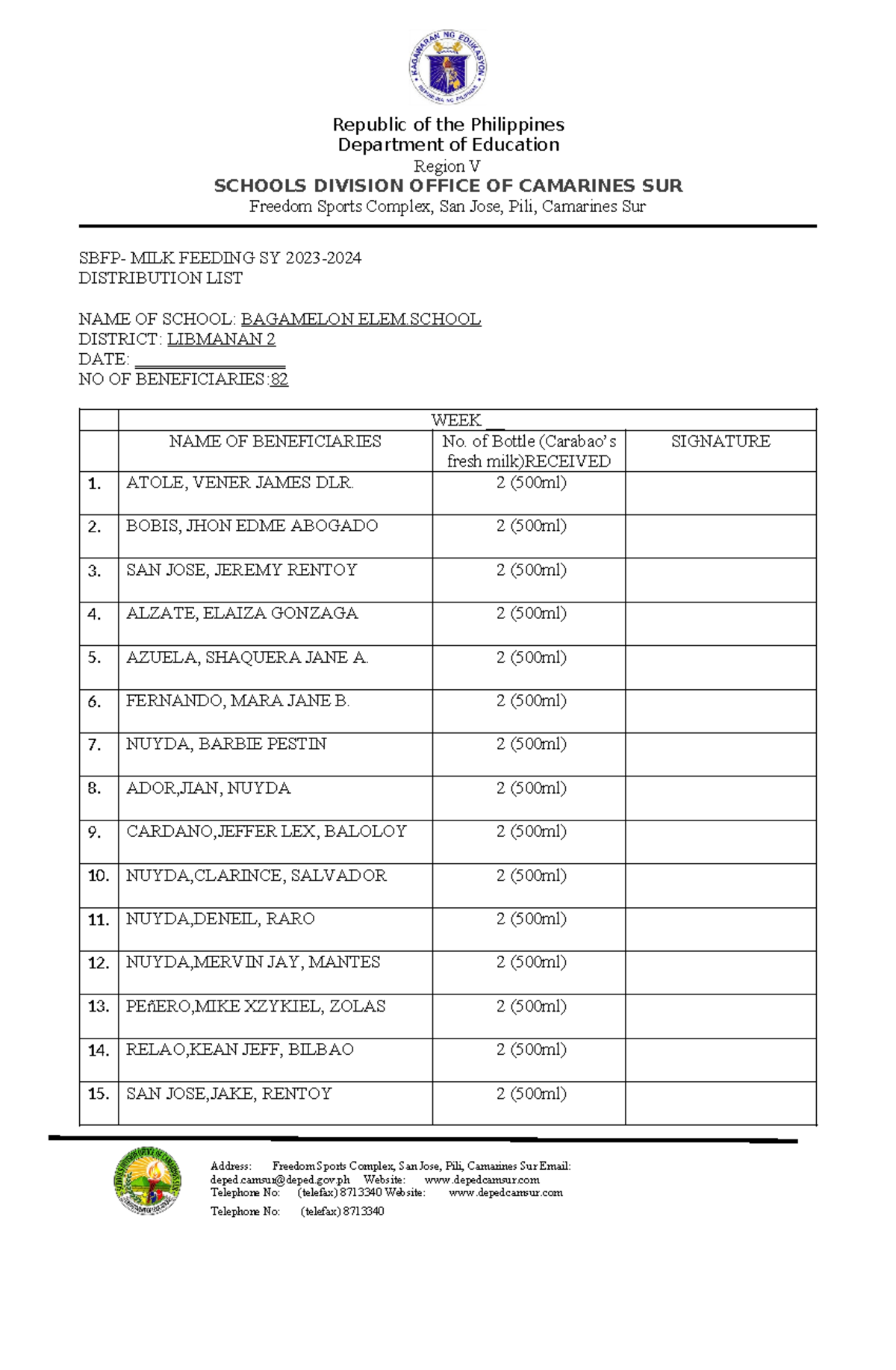 Milk-feeding-dist - MILK FEEDING DISTRIBUTION LIST - Department of ...
