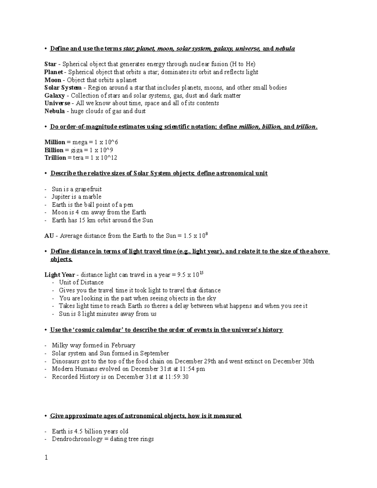 Astronomy 1021 Lectures 1-5 - Define and use the terms star, planet ...
