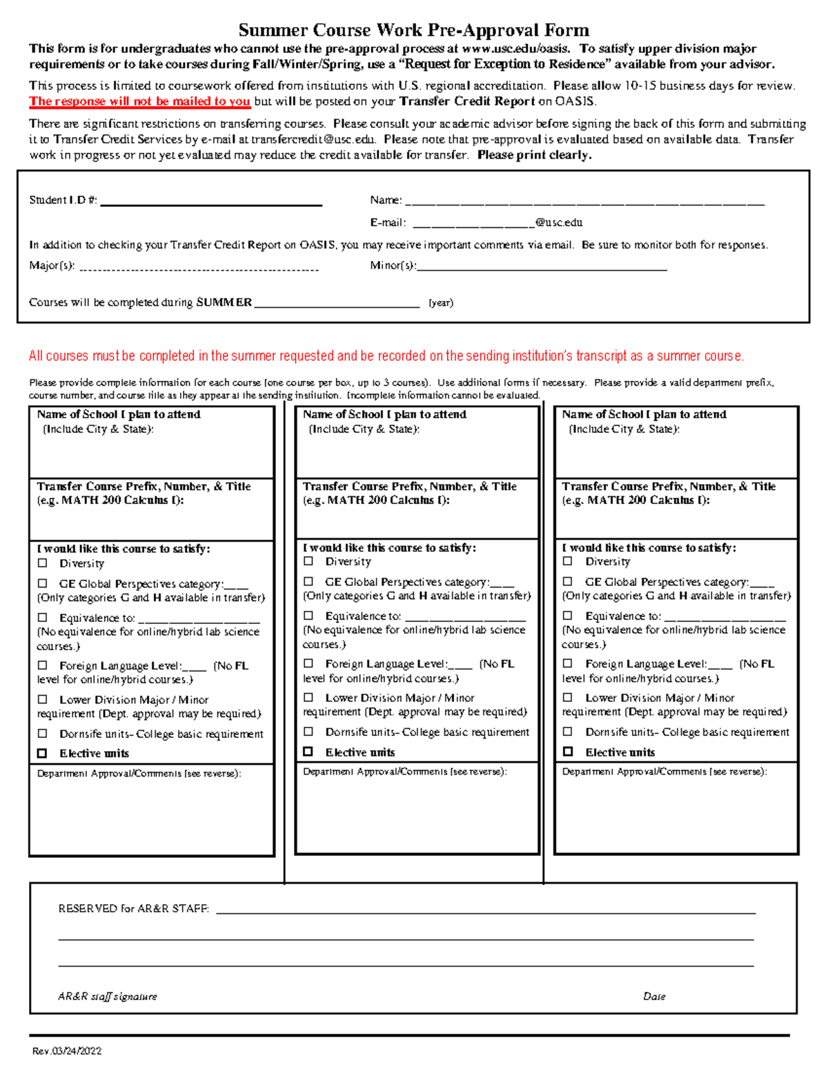 Summer Preapproval Form - Rev/ 24 /20 22 Summer Course Work Pre ...