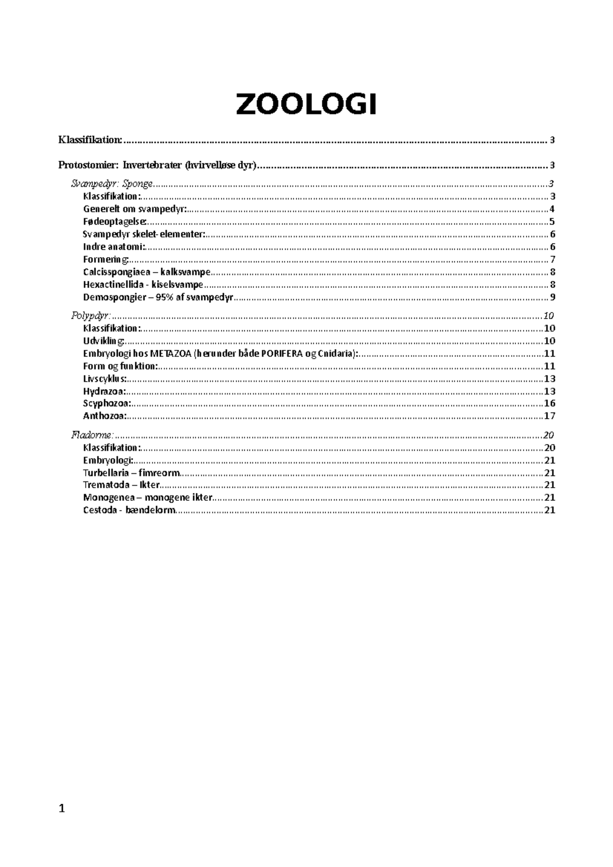 Zoologi (polyp, svampedyr, fladorme) - ZOOLOGI - Studocu