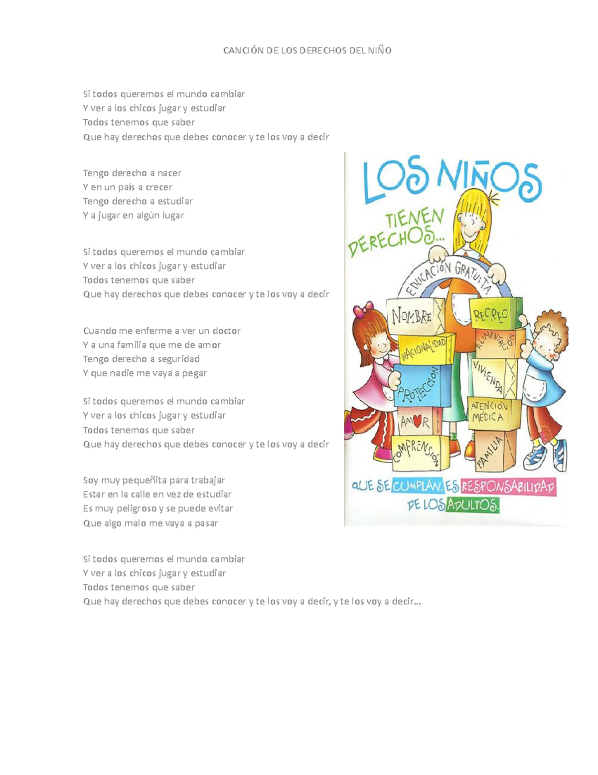 Canción DE LOS Derechos DEL NIÑO - CANCIÓN DE LOS DERECHOS DEL NIÑO Si todos queremos el mundo ...
