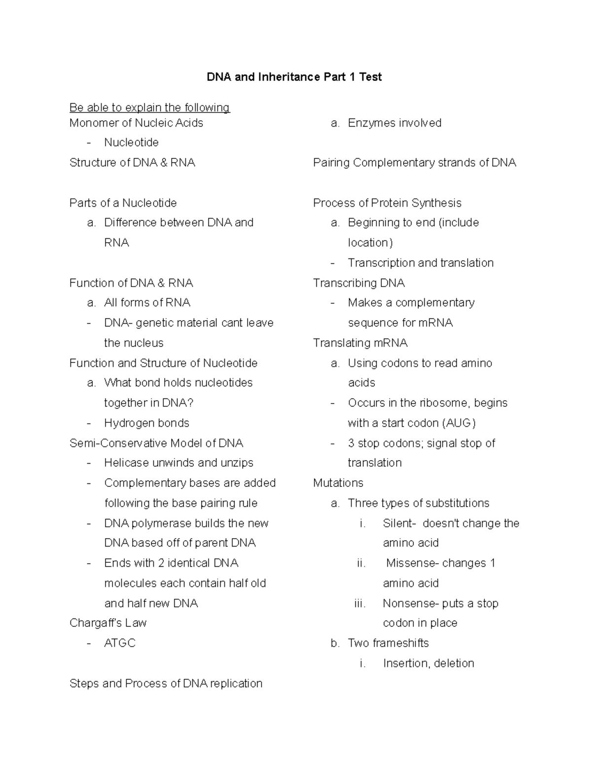 2018 -Topic List DNA PSynthesis - DNA and Inheritance Part 1 Test Be ...