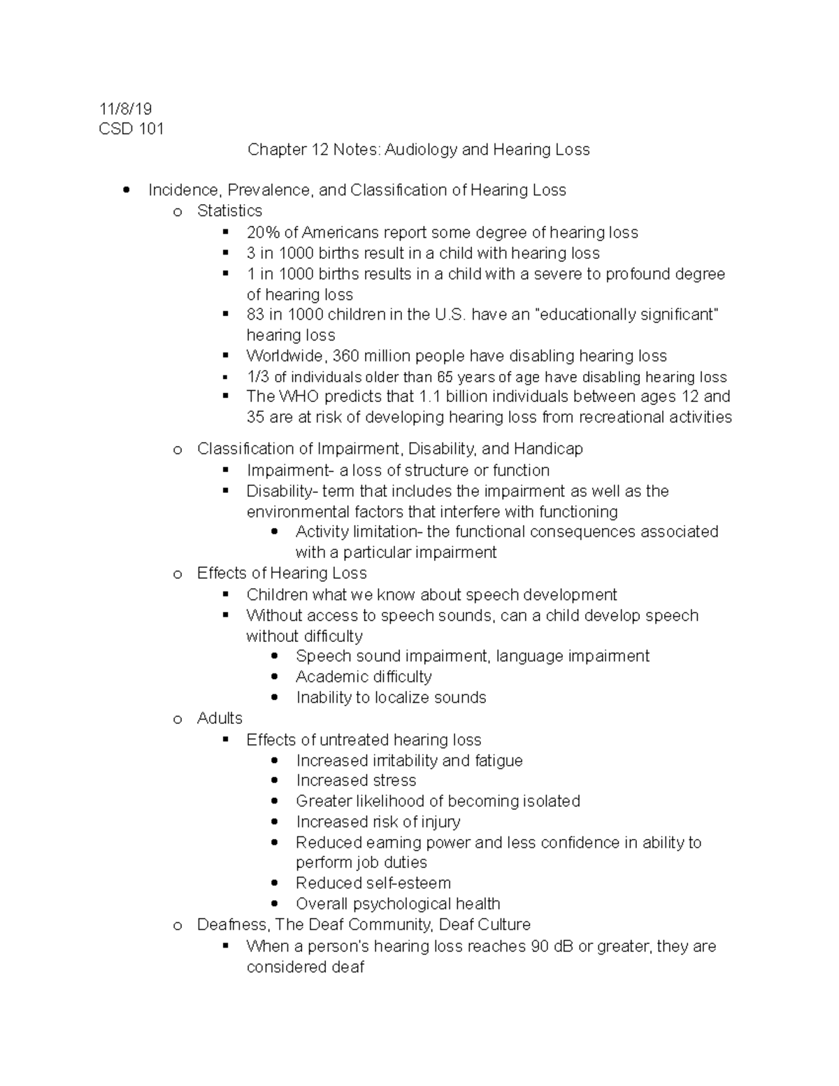 Chapter 12 Notes - 11/8/ CSD 101 Chapter 12 Notes: Audiology and ...