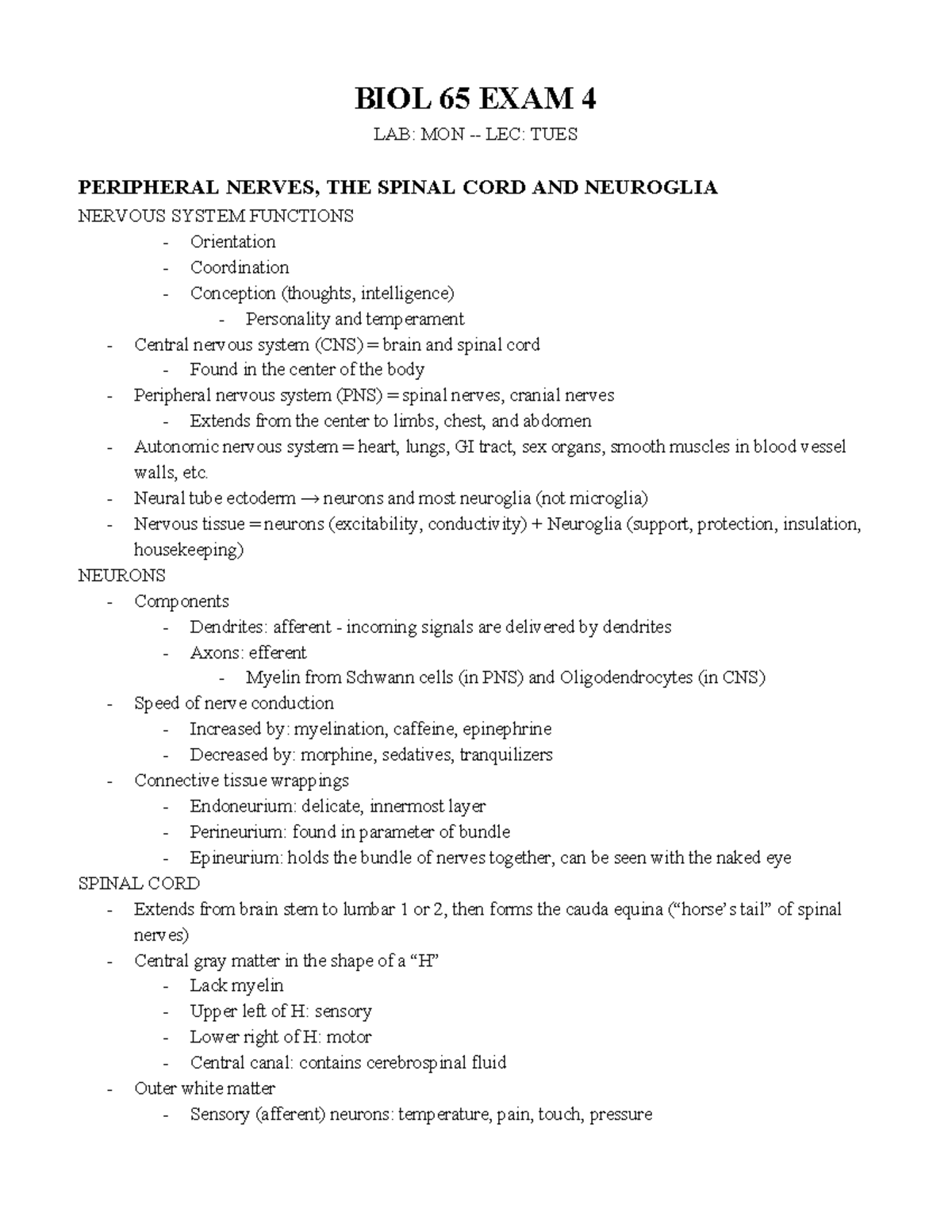 Biol 65 exam 4 - Lecture notes exam 4 - BIOL 65 EXAM 4 LAB: MON - LEC ...