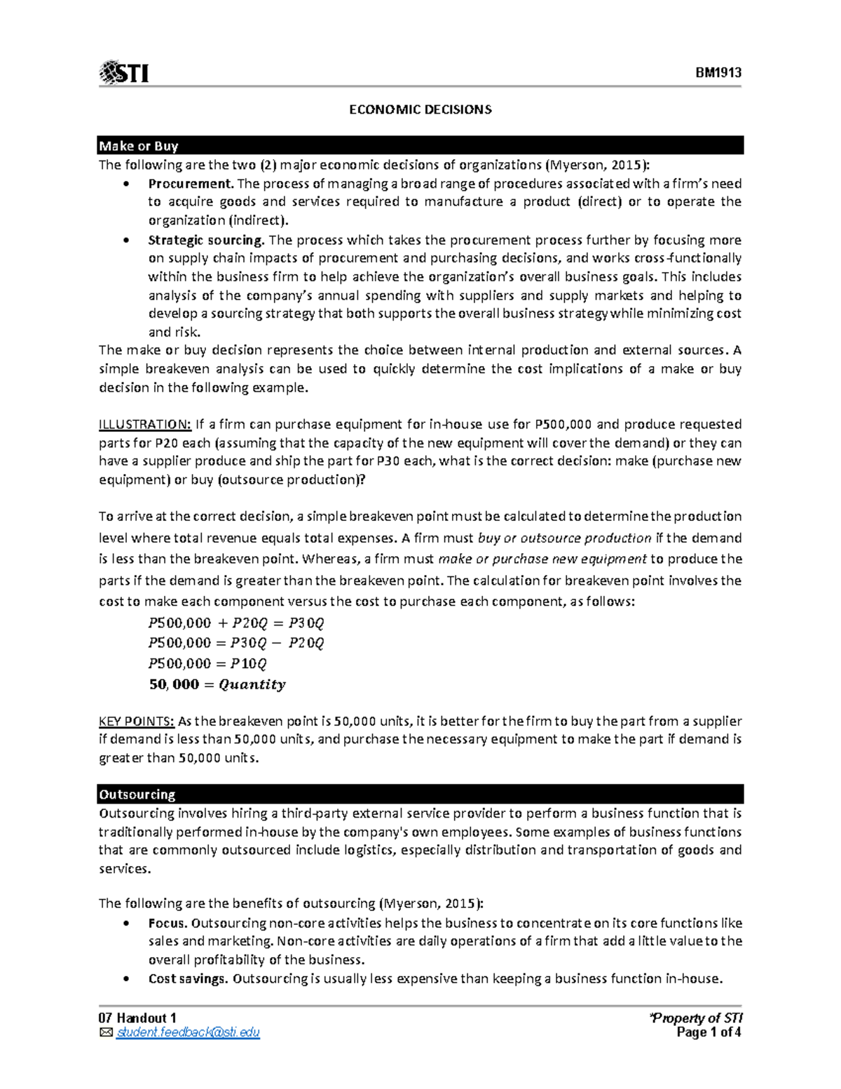 07 Handout 1 - 07 Handout 1 *Property of STI ECONOMIC DECISIONS Make or Buy The following are ...