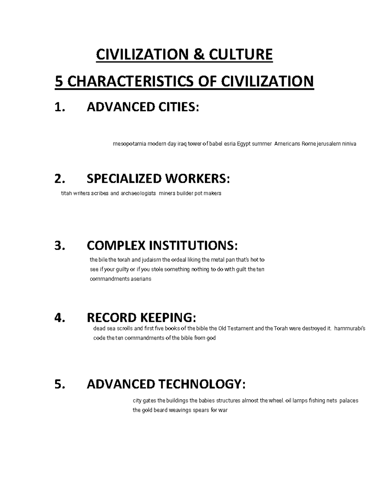 Drayton Kwiatek - 5 Characteristics of Civilization Notesheet ...