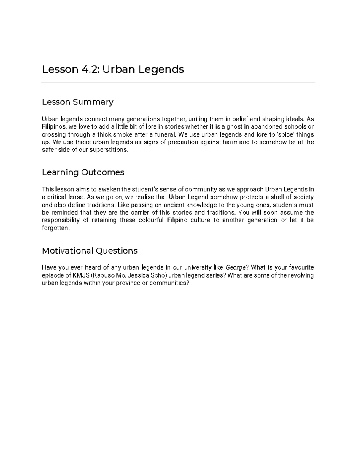 Module 4 4 - Lesson 4 .2: Urban Legends Lesson Summary Urban legends ...