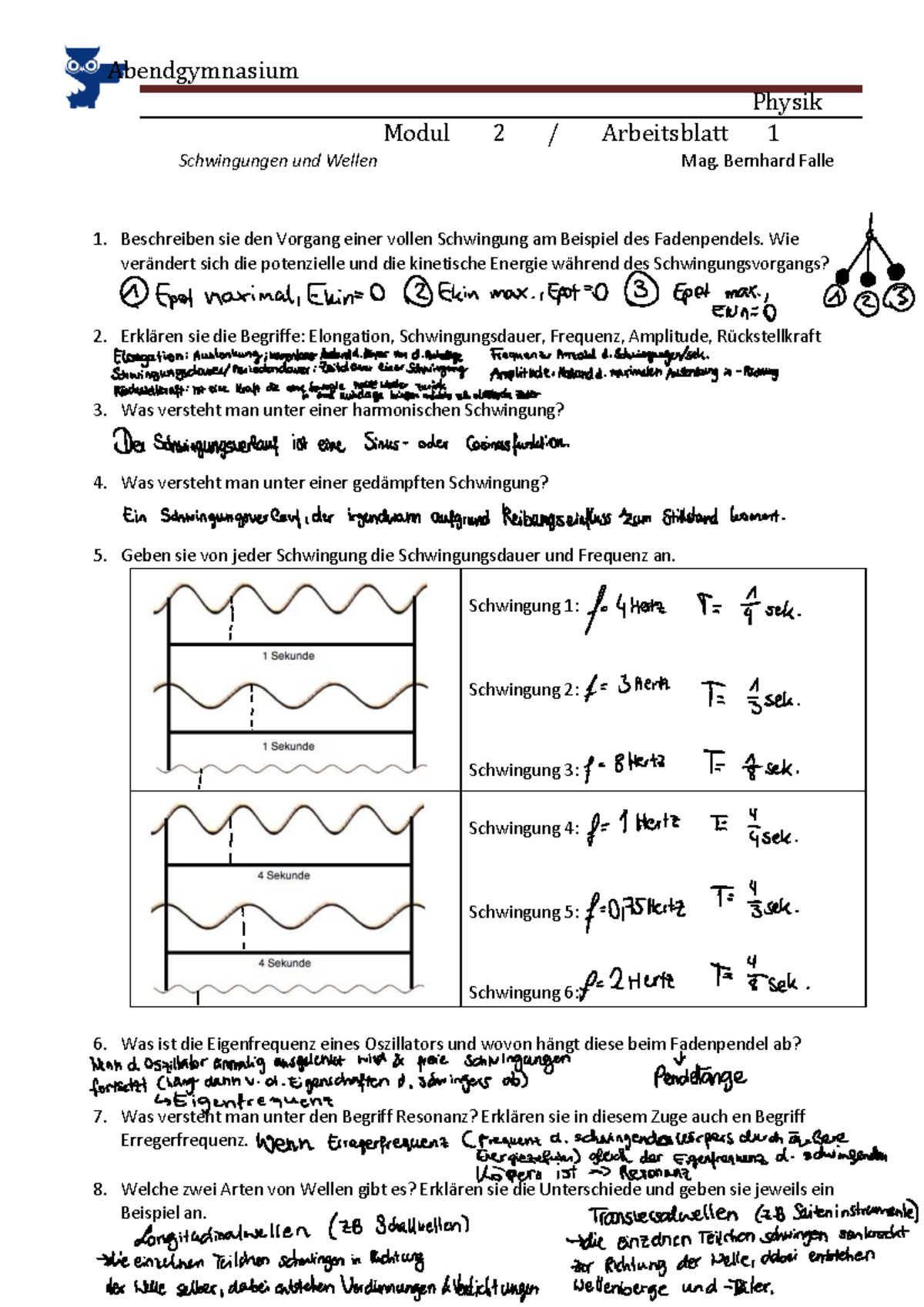 Ph AB1 Fischer - Abendgymnasium Physik Modul 2 / Arbeitsblatt 1 Schwingungen und Wellen Mag ...