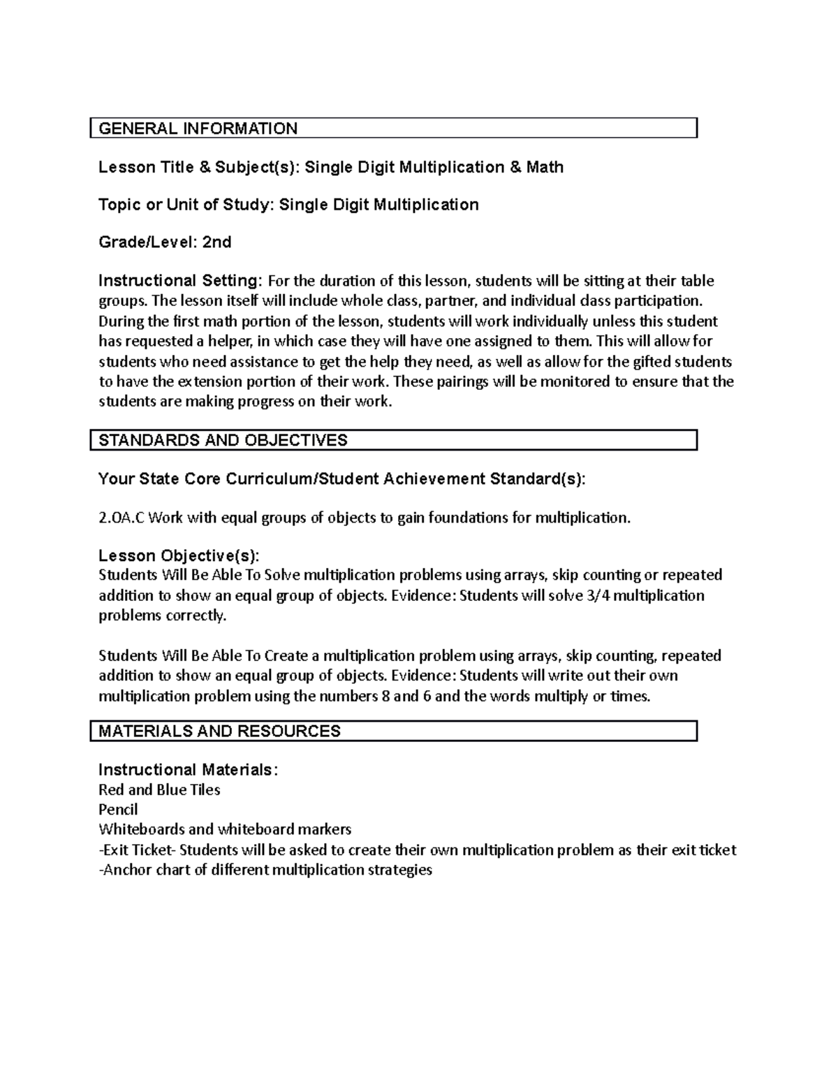 Lesson Plan Multiplication Task - GENERAL INFORMATION Lesson Title ...