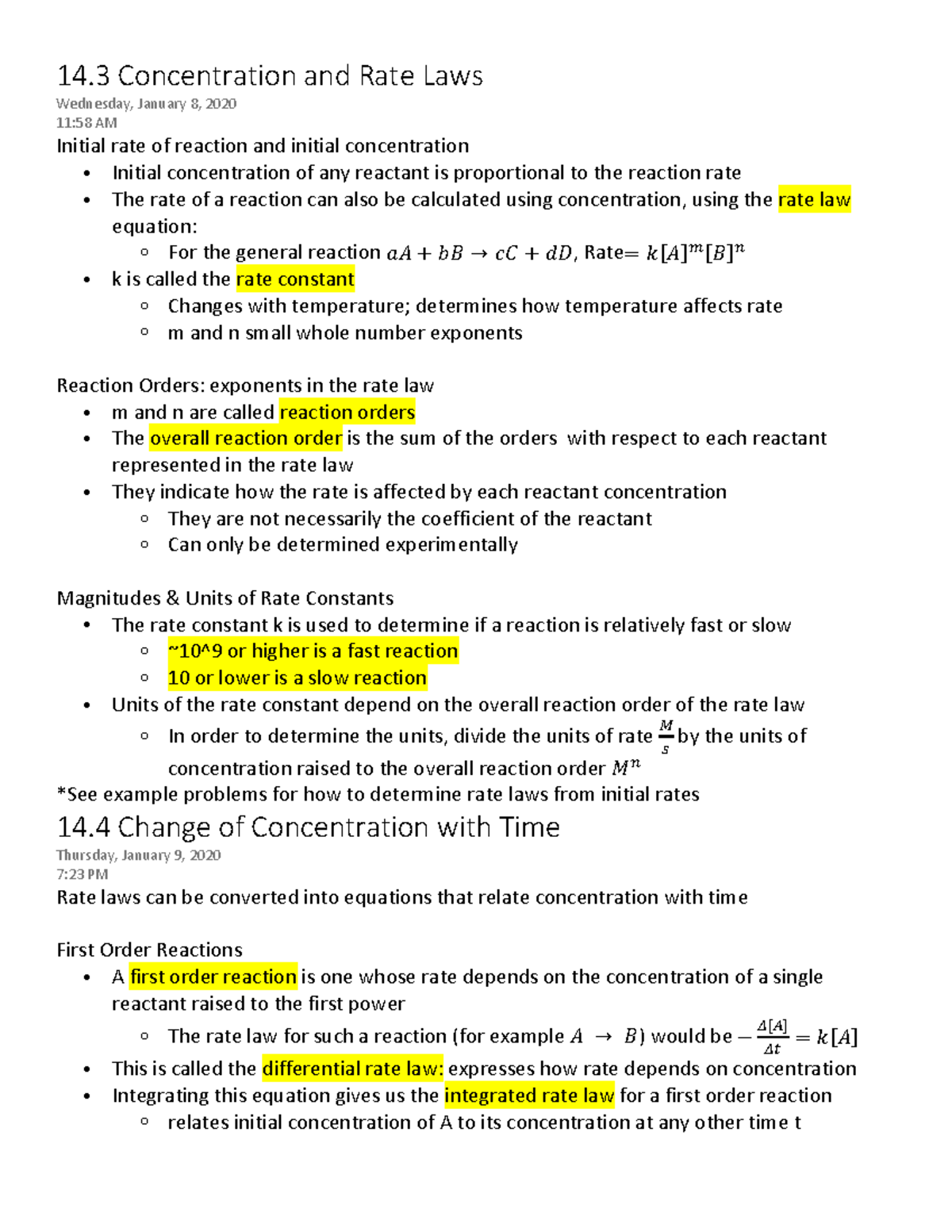 CEM 152 14.3-14.4 - 14 Concentration and Rate Laws Wednesday, January 8 ...