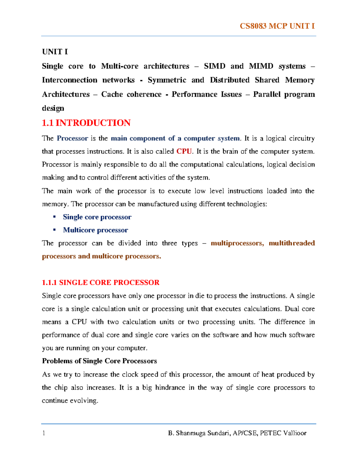 CS8083 MCP UNIT I notes-merged - UNIT I Single core to Multi-core ...