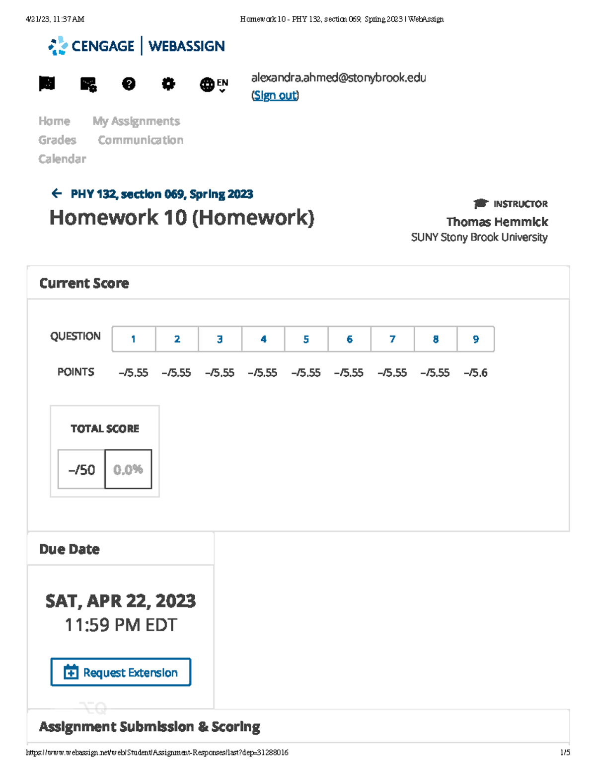 Homework 10 - PHY 132, section 069, Spring 2023 Web Assign - EN ...
