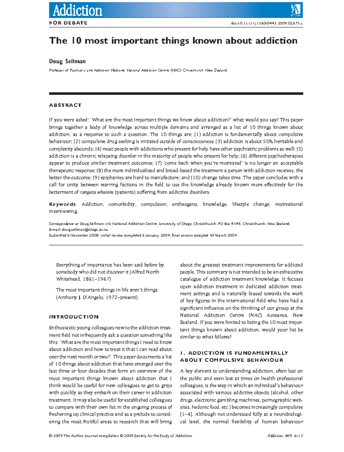 2010 - Sellman, The 10 most important things known about addiction ...