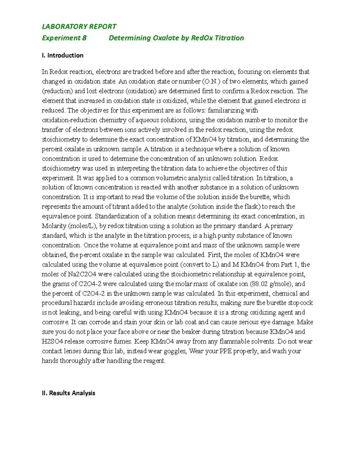 Lab 8 Lab 8 Laboratory Report Experiment 8 Determining Oxalate By