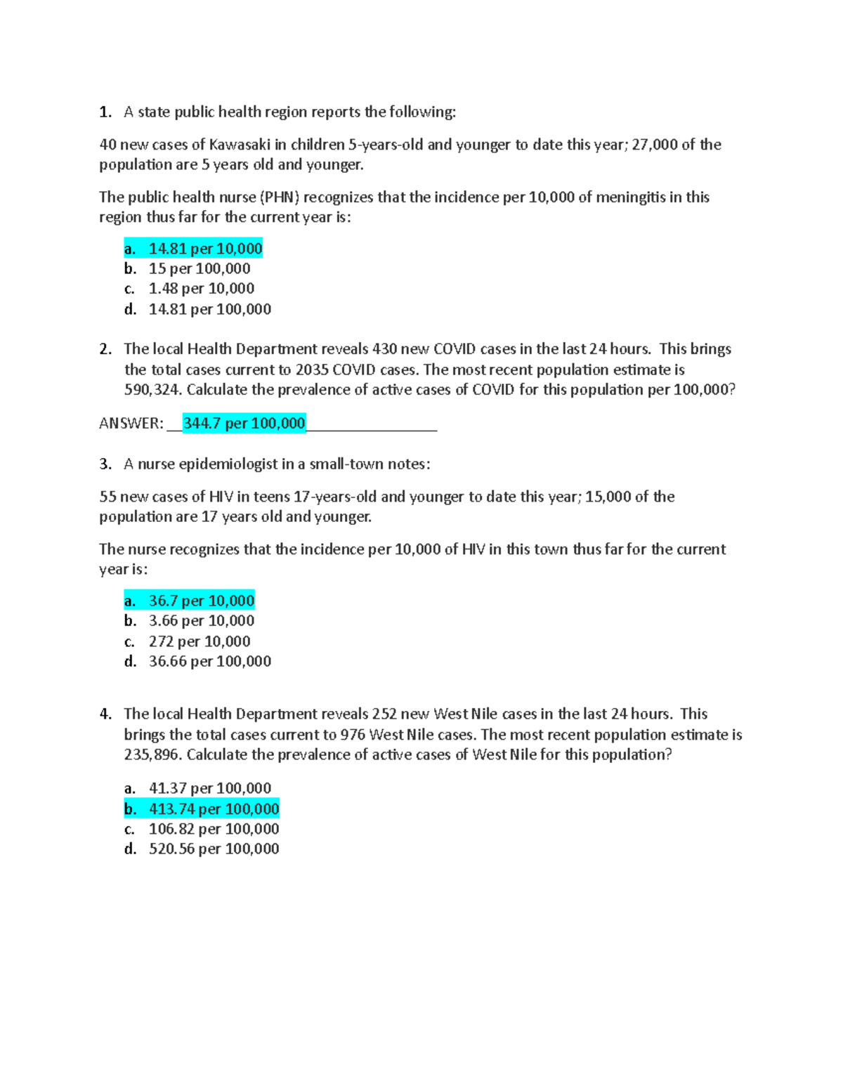 Epidemiology Math Questions-Class Practice. Student Version - A state ...