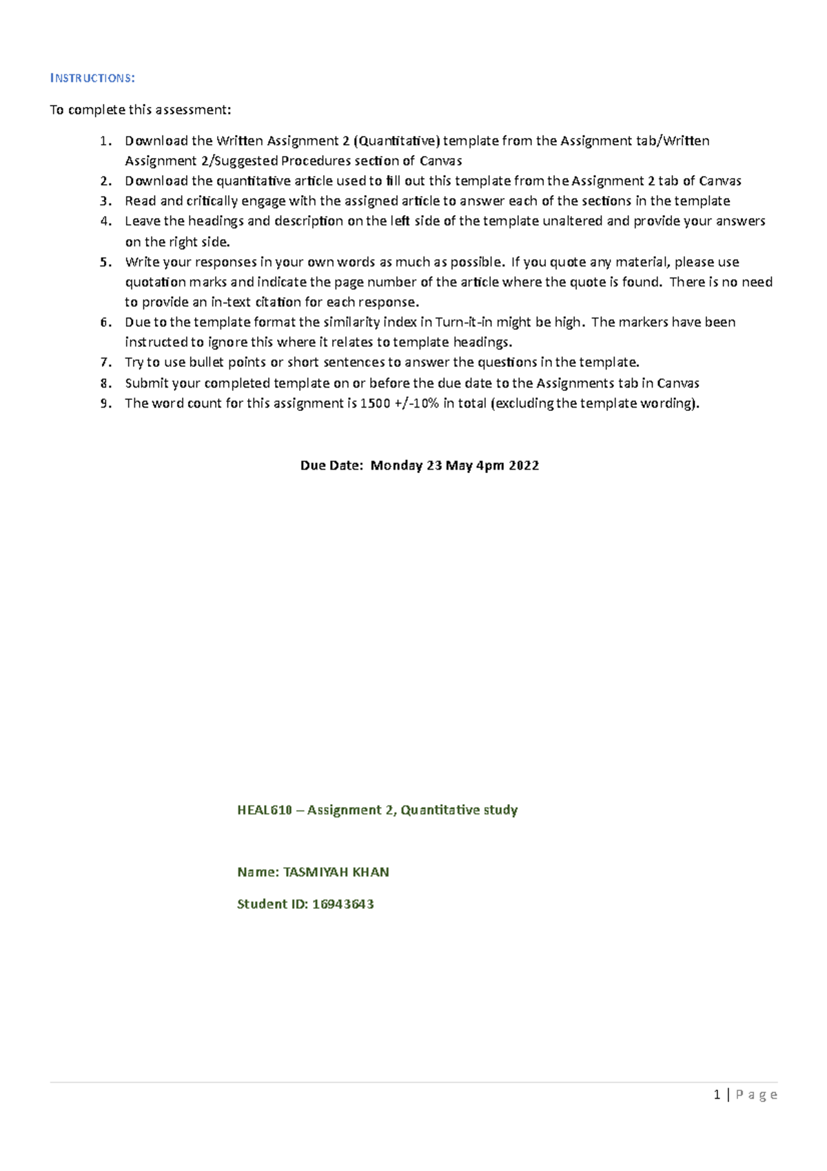 Quantitative assignment - INSTRUCTIONS: To complete this assessment: Download the Written ...