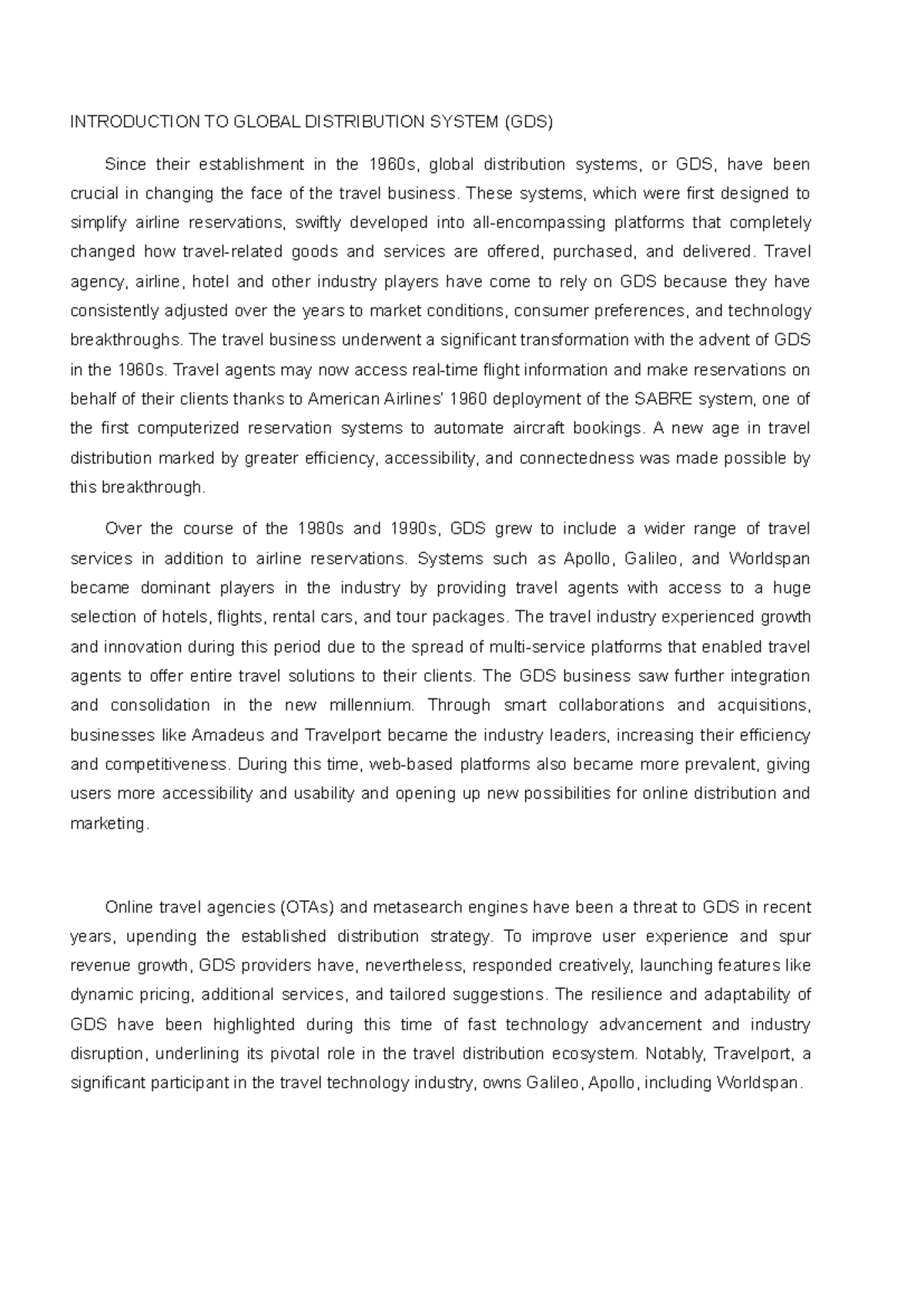 Introduction TO Global Distribution System - INTRODUCTION TO GLOBAL ...