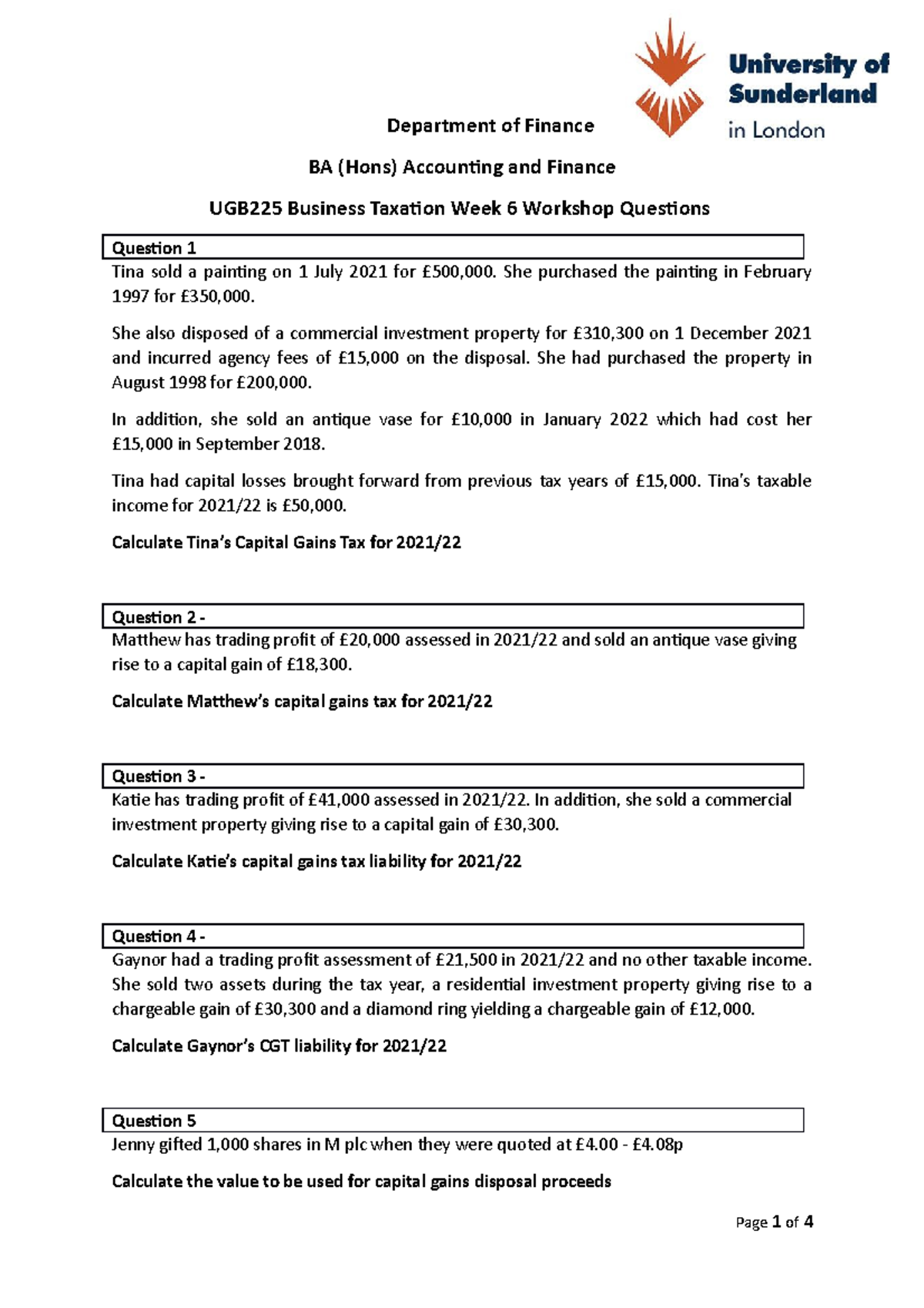 Week Six Workshop Questions 1 - Department of Finance BA (Hons ...