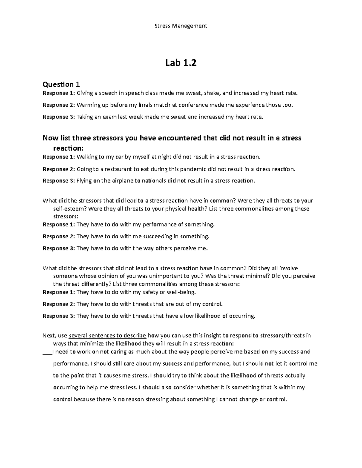 Stress Management - Lab 1 - Question 1 Response 1: Giving a speech in ...