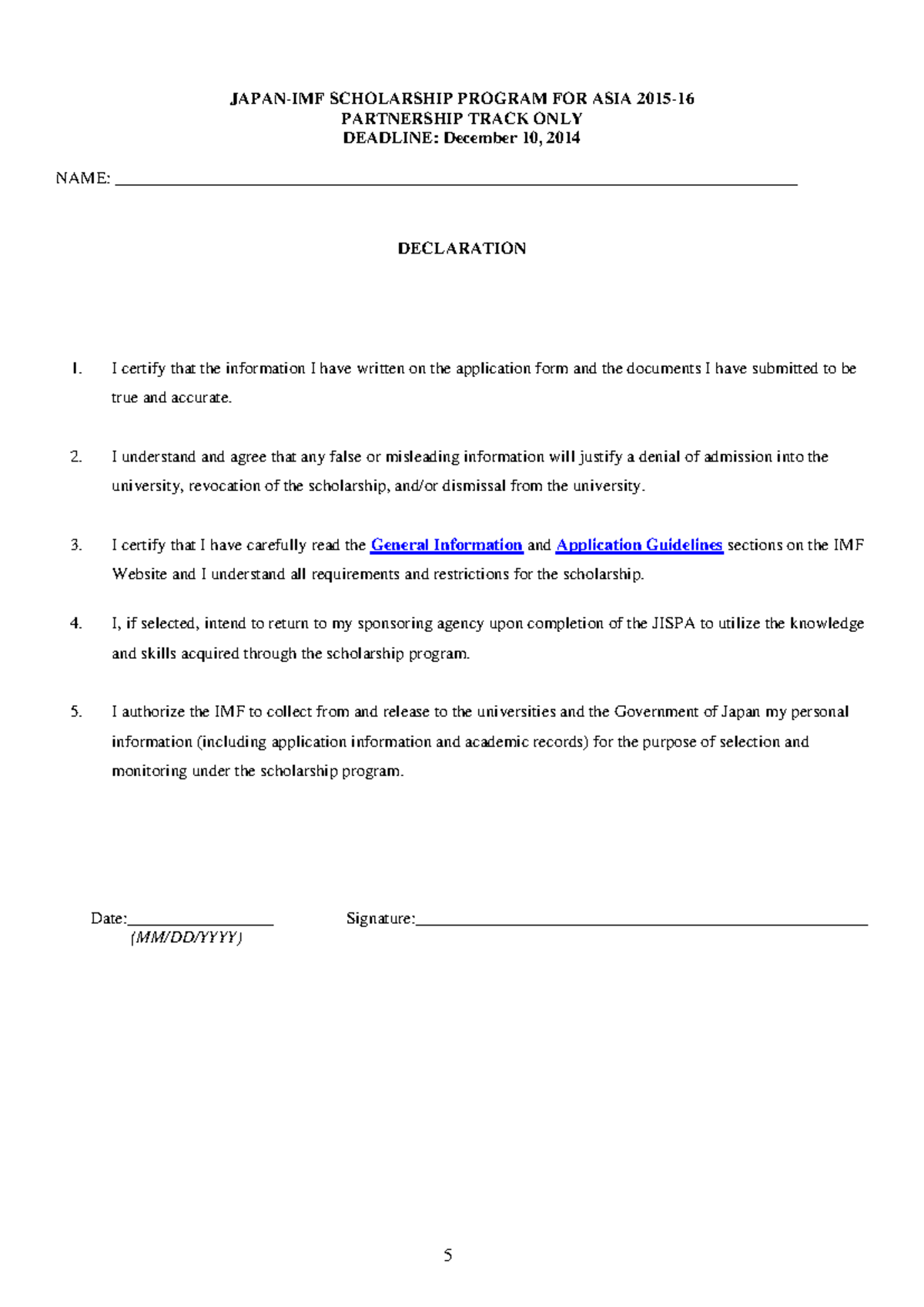 Declaration form - JAPAN-IMF SCHOLARSHIP PROGRAM FOR ASIA 2015 ...