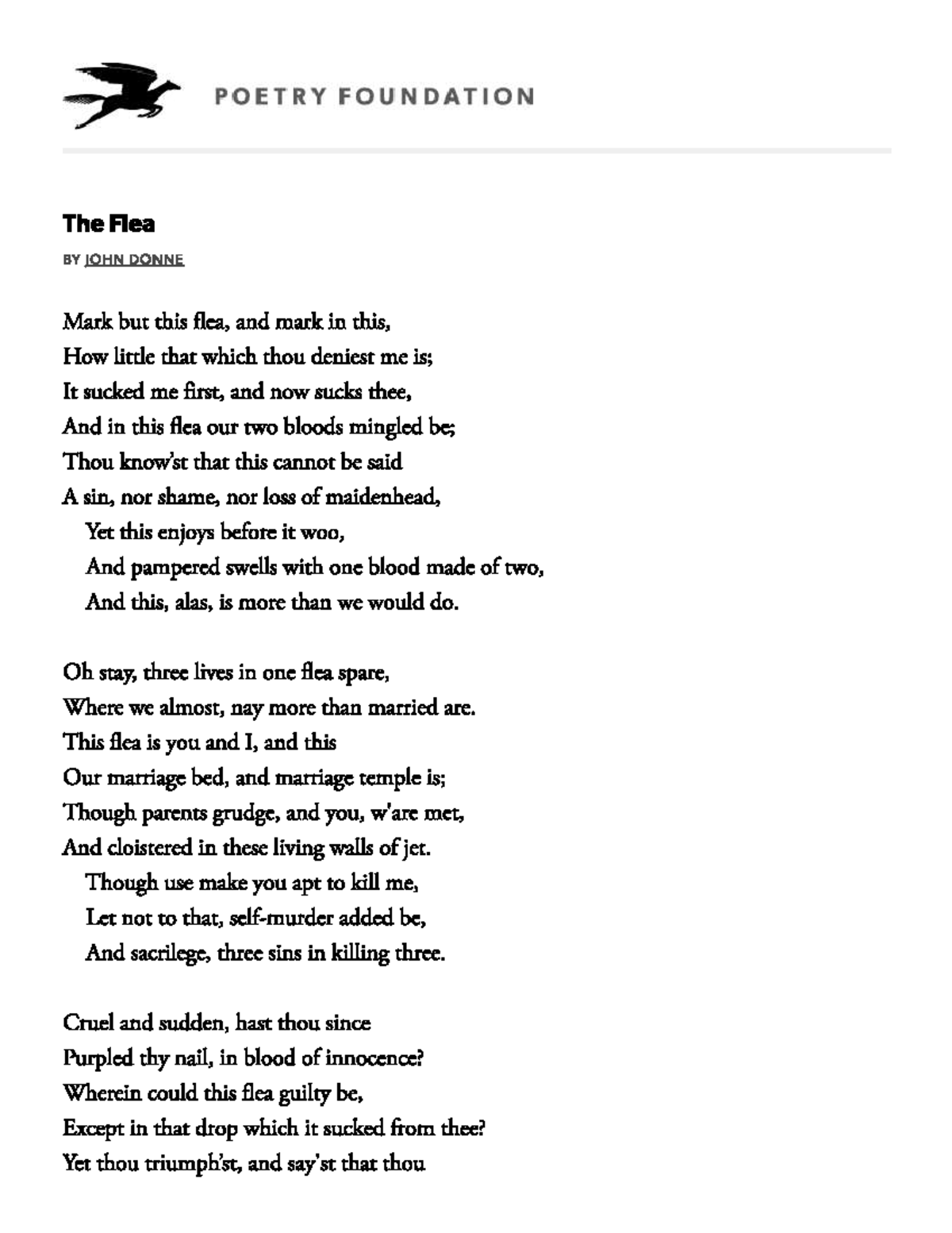Lecture Notes From Class - POETRY FOUNDATION The Flea JOHN DONNE Mark ...